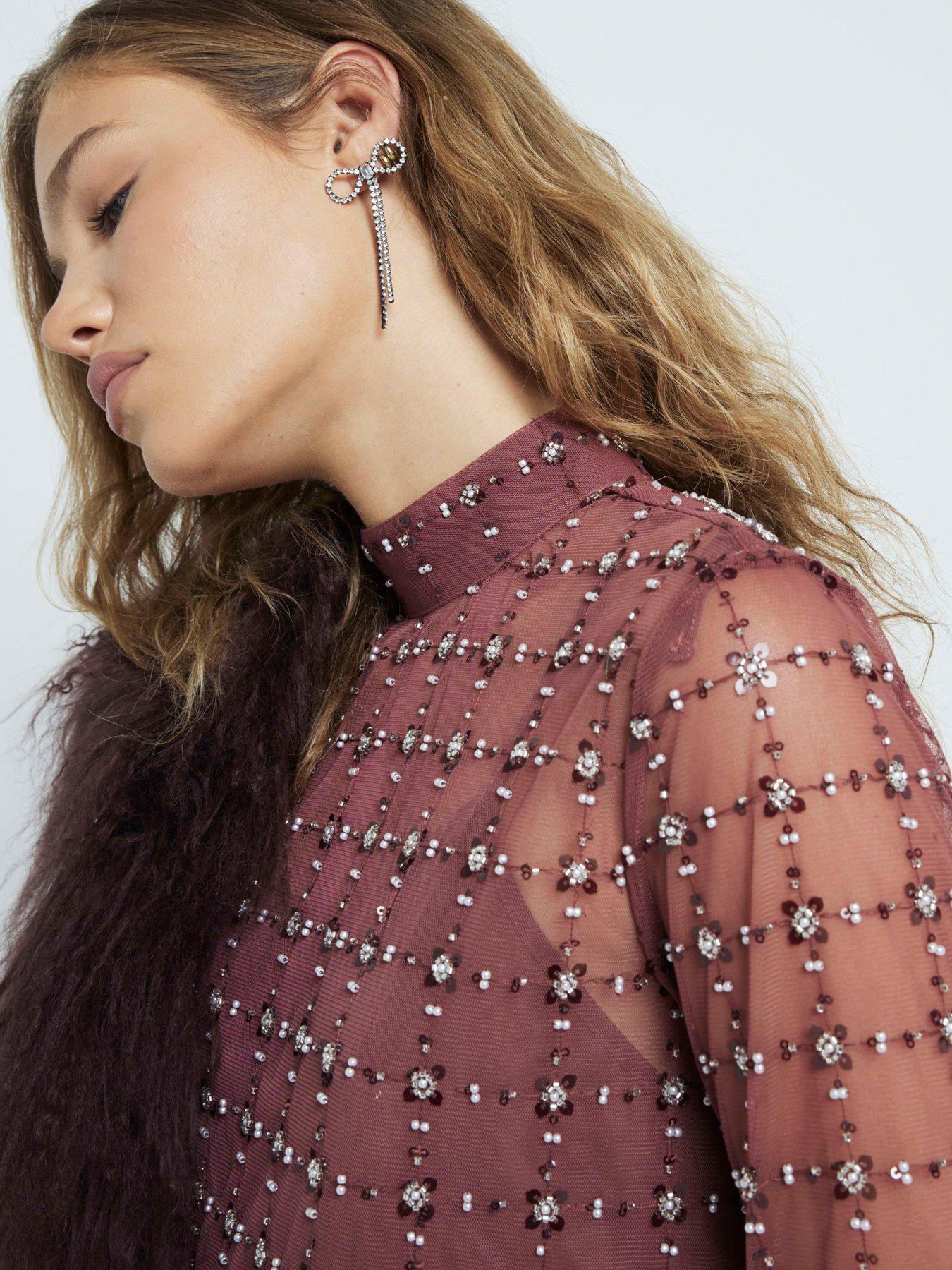 River Island Floral Sequin Mesh Top - Dark Red | Very