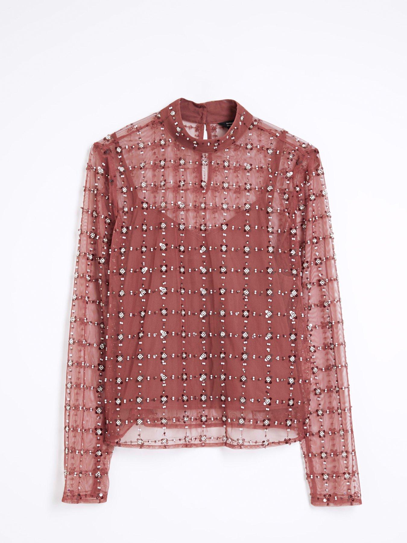 River Island Floral Sequin Mesh Top - Dark Red | Very