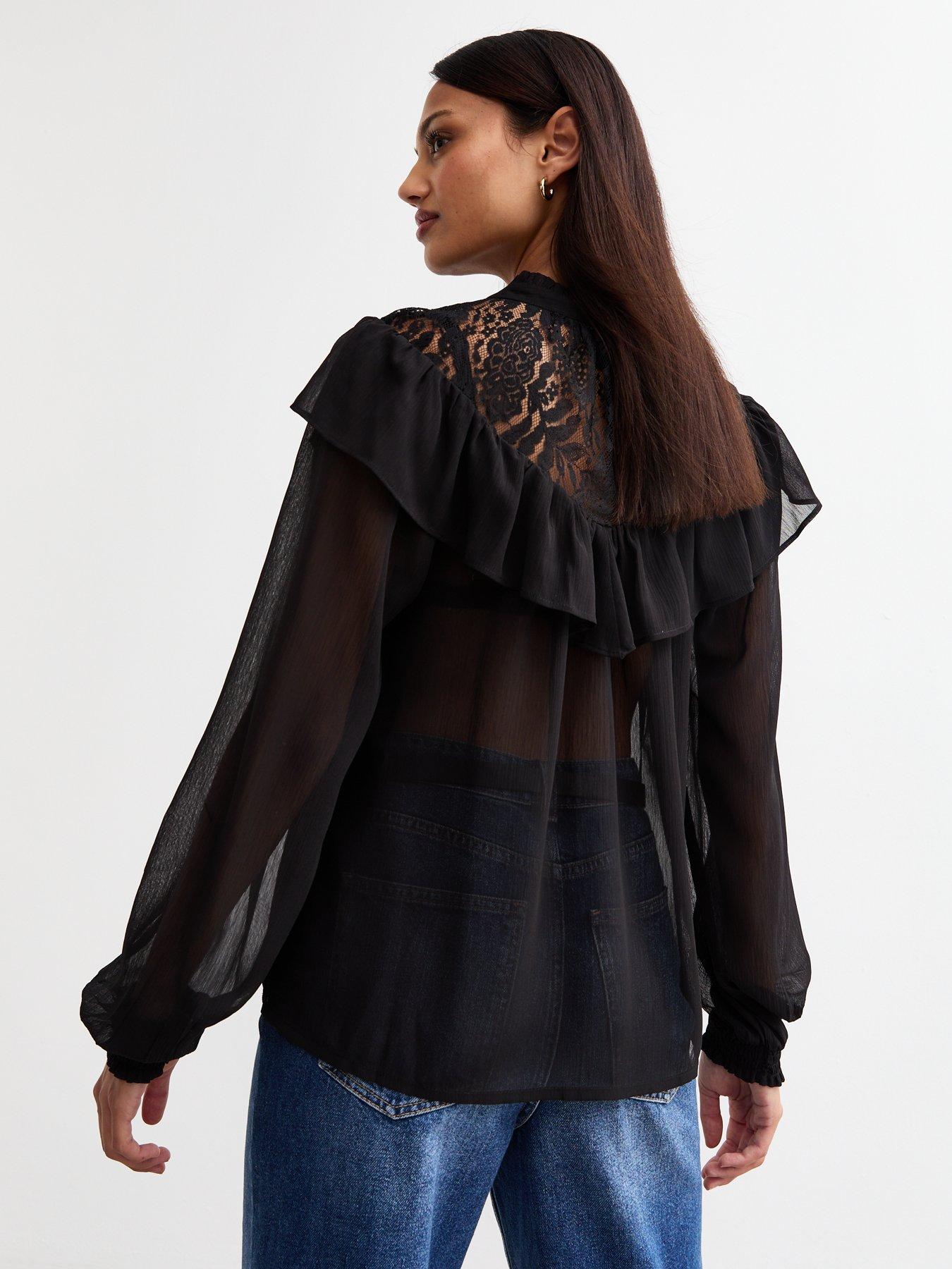 New Look Lace Frill Trim Sheer Chiffon Top - Black | Very