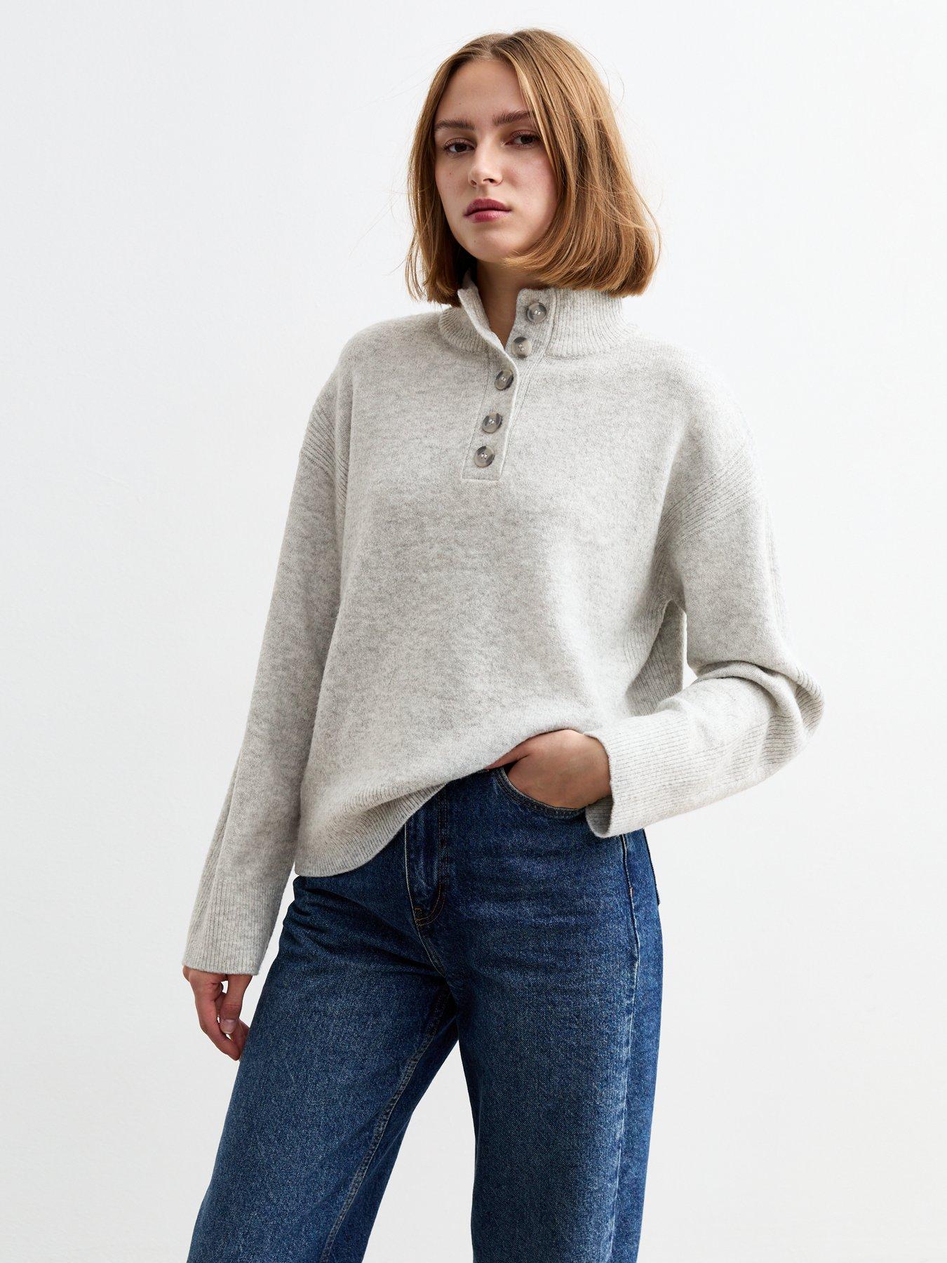 New Look High Neck Button Up Jumper - Grey | Very