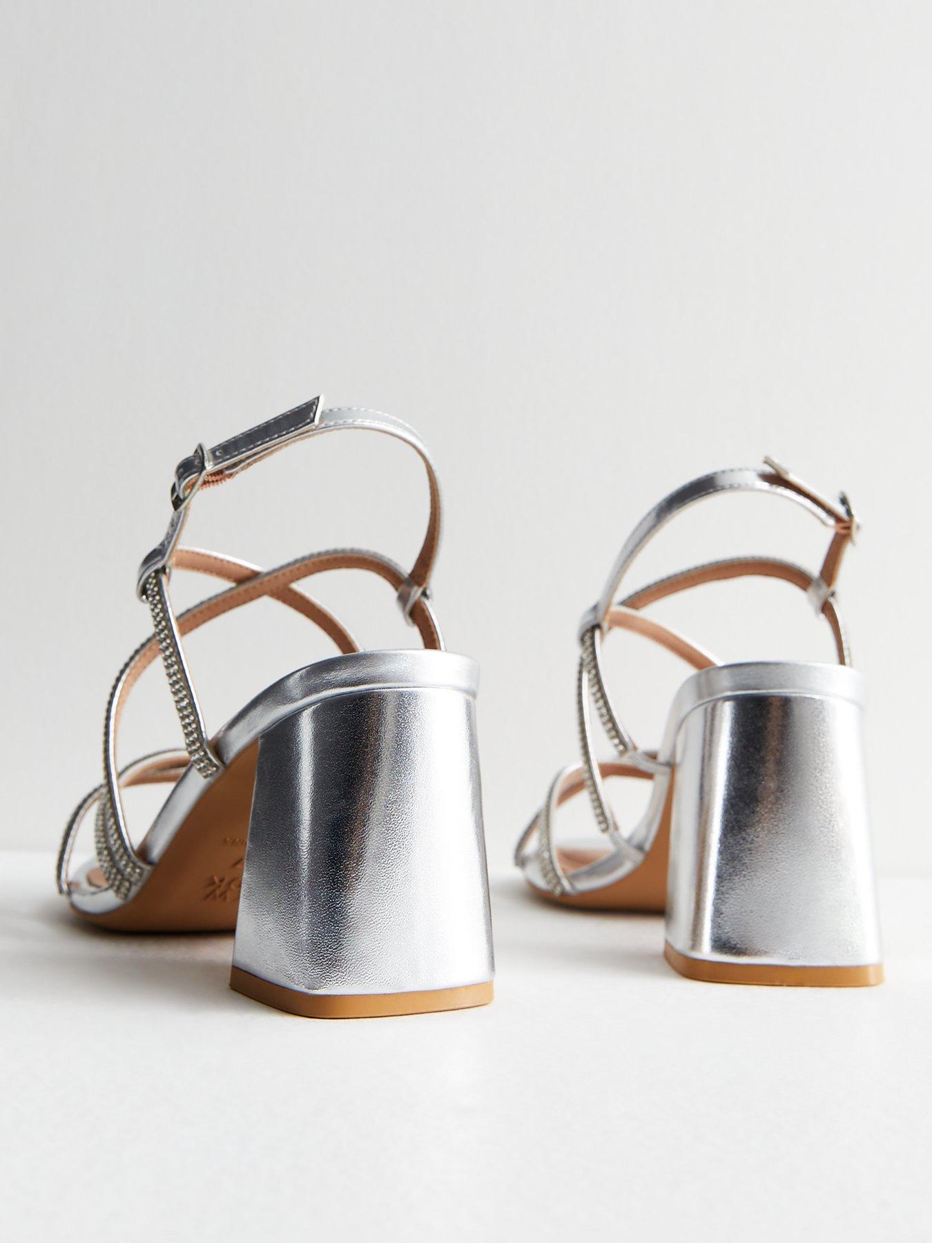 New Look Wide Fit Diamante Strappy Block Heel Sandals - Silver | Very