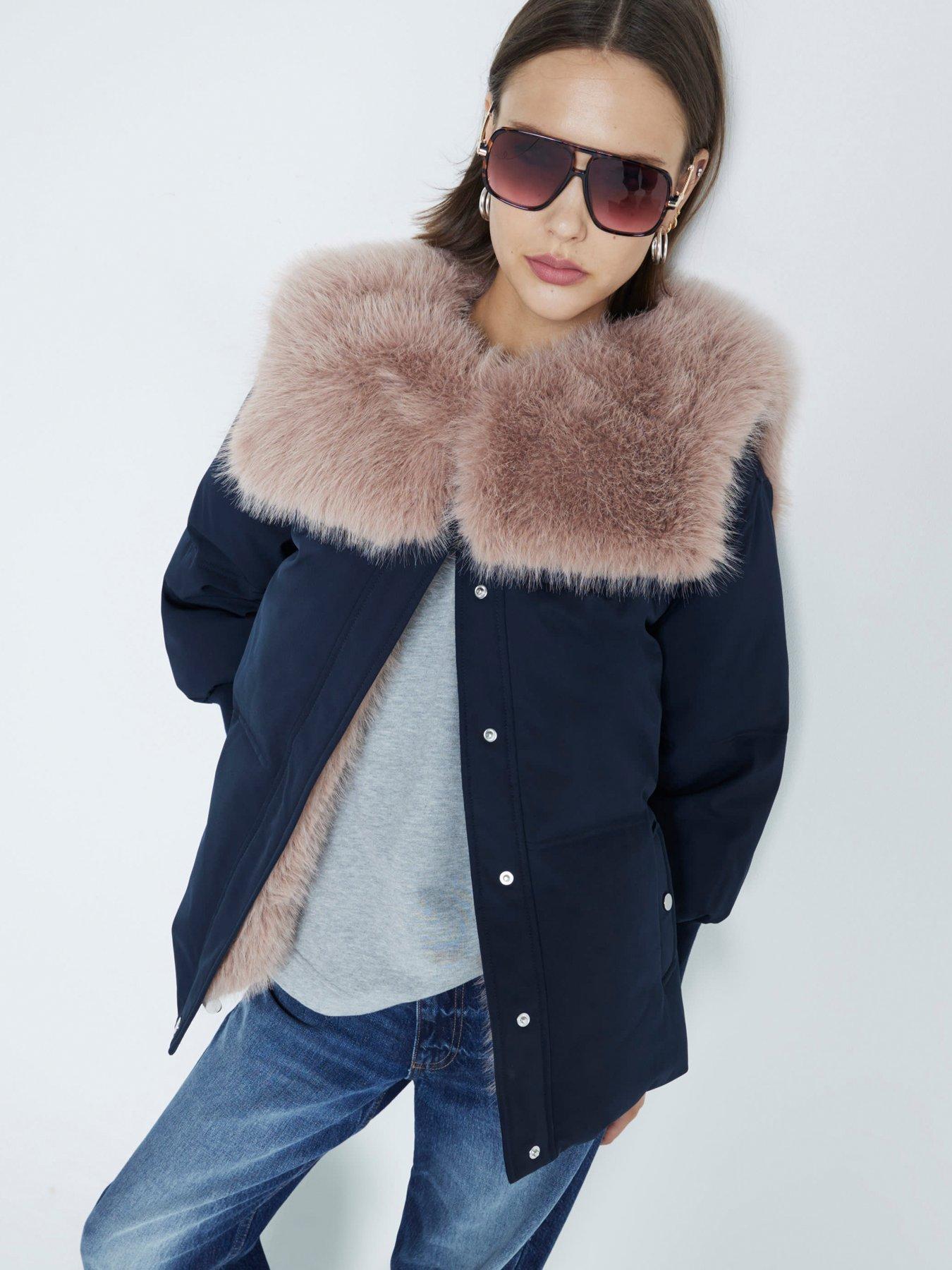 River Island Padded Faux Fur Collar Jacket - Navy | Very