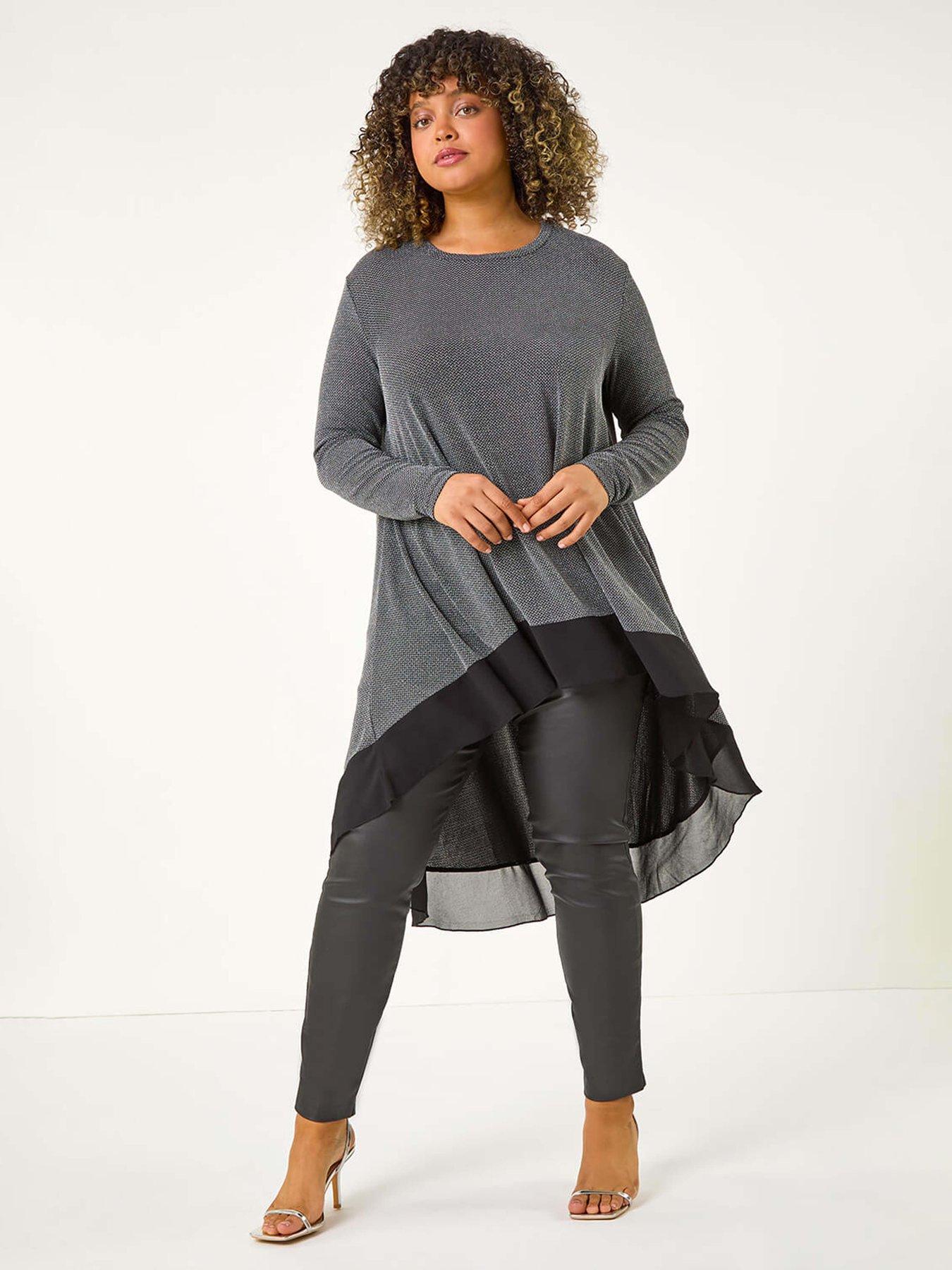 Roman Curve Glitter Chiffon Hem Tunic Top - Grey | Very