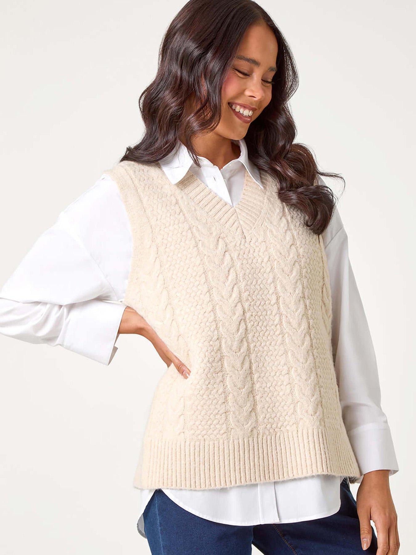 Roman Petite V-neck Cable Knit Sleeveless Vest - Cream | Very