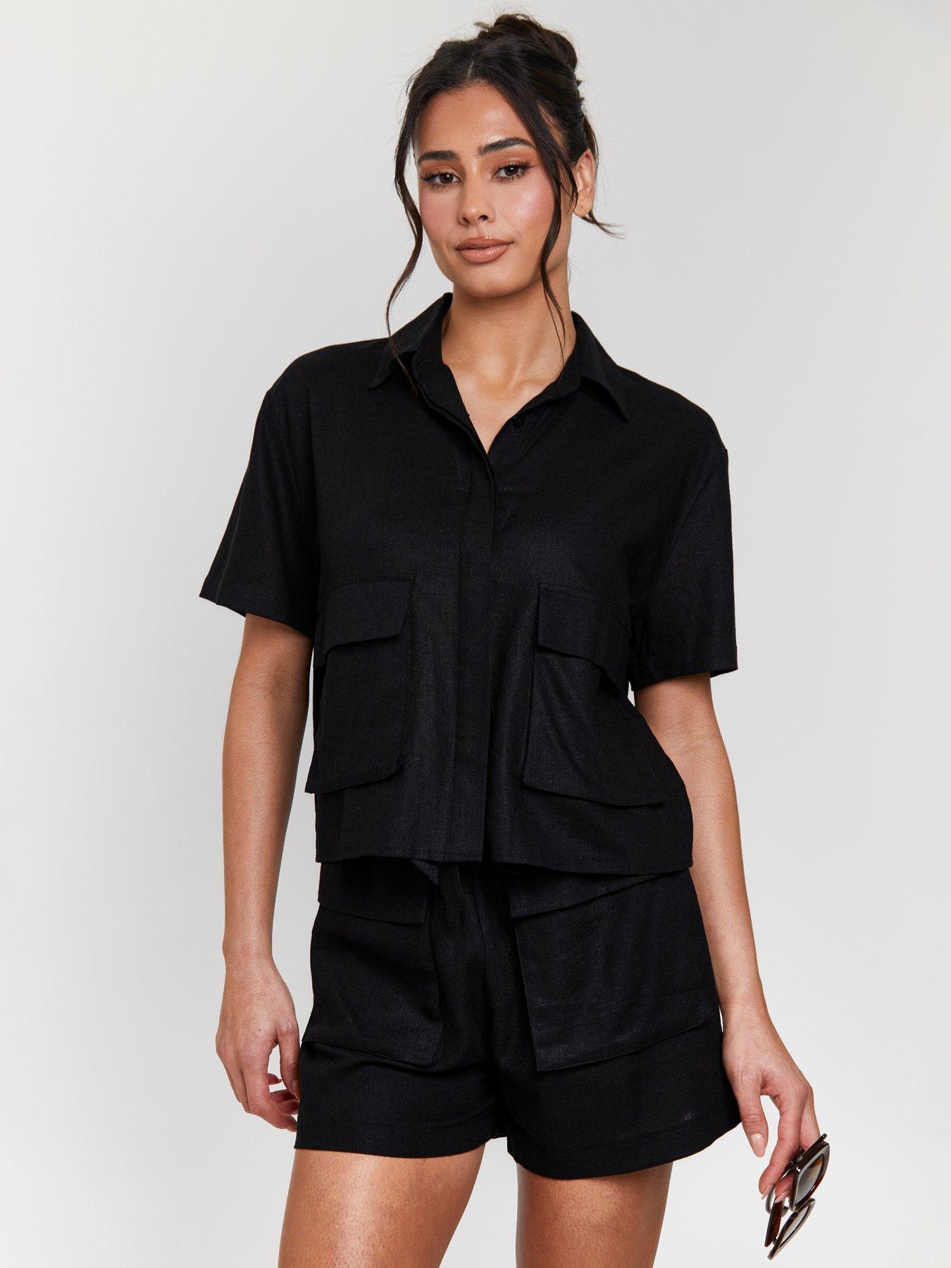 South Beach Linen Blend Tie Waist Utility Pocket Short - Black | Very