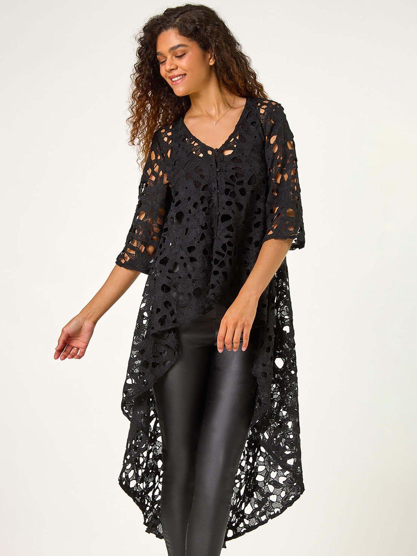 Roman Lace Detail Highlow Hem Button Blouse - Black | Very