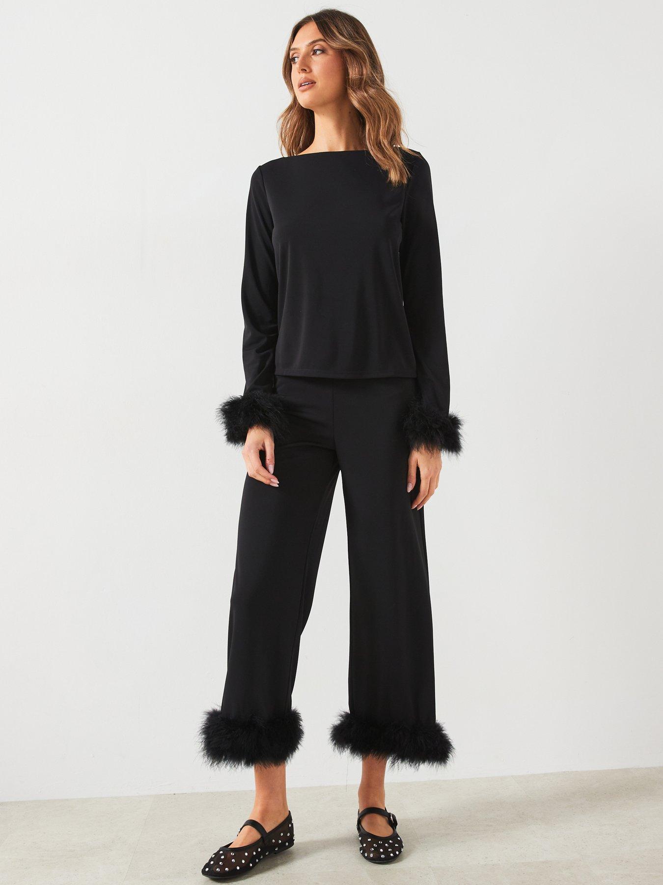 Mango Feather Trim Top Co-Ord - Black | Very