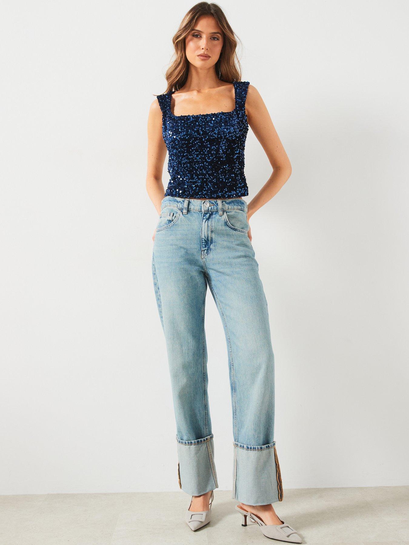 Mango Square Neck Sequin Top - Navy | Very