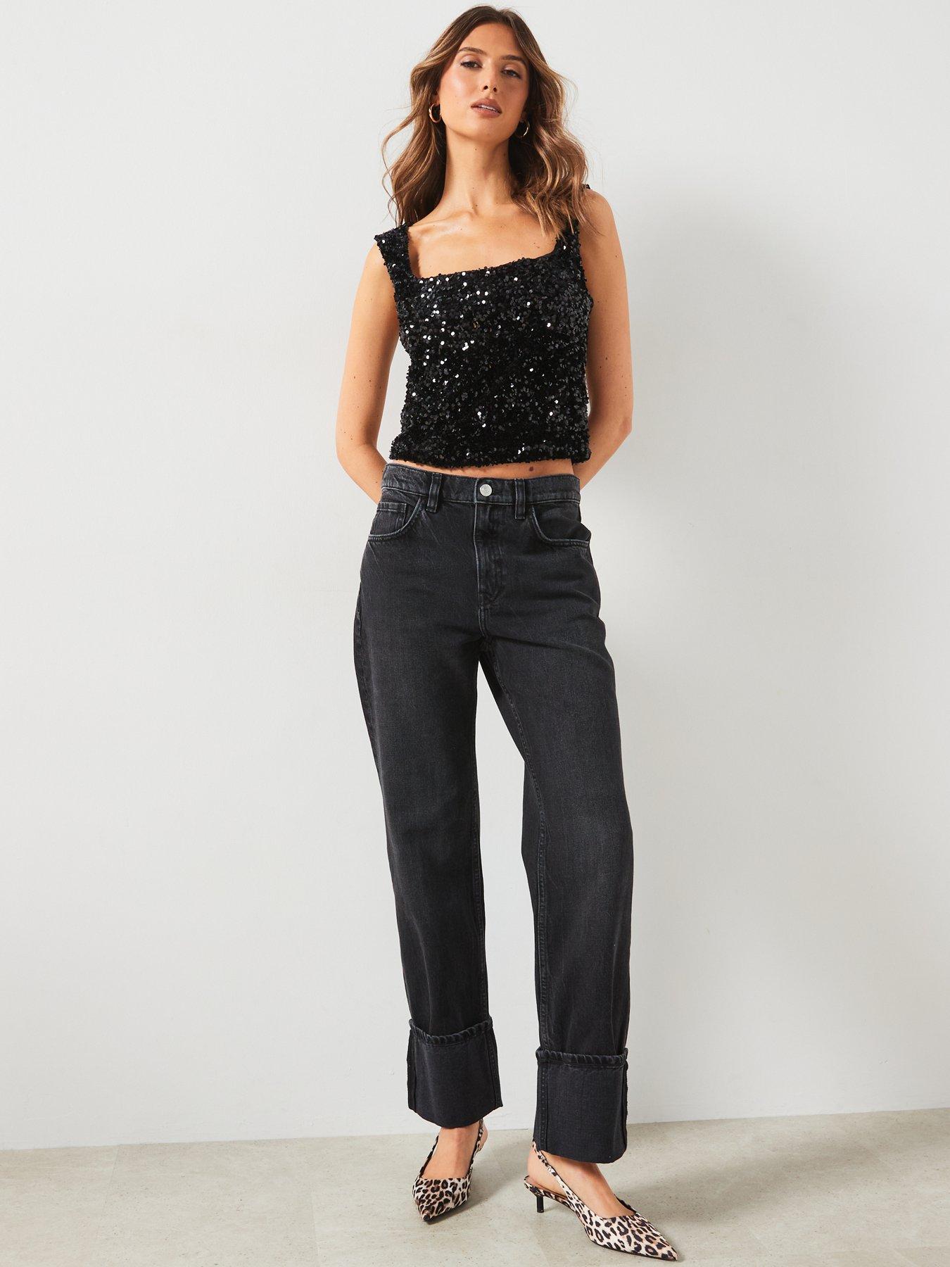 Mango Square Neck Sequin Top - Black | Very