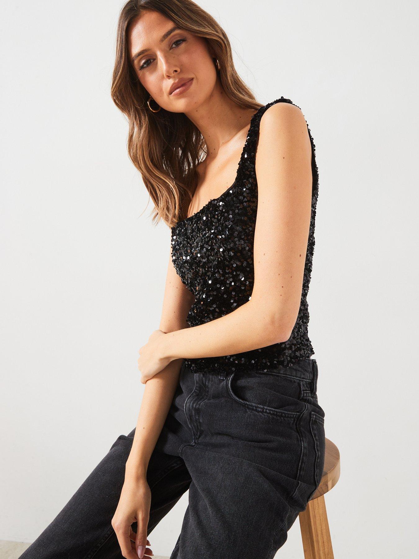 Mango Square Neck Sequin Top - Black | Very
