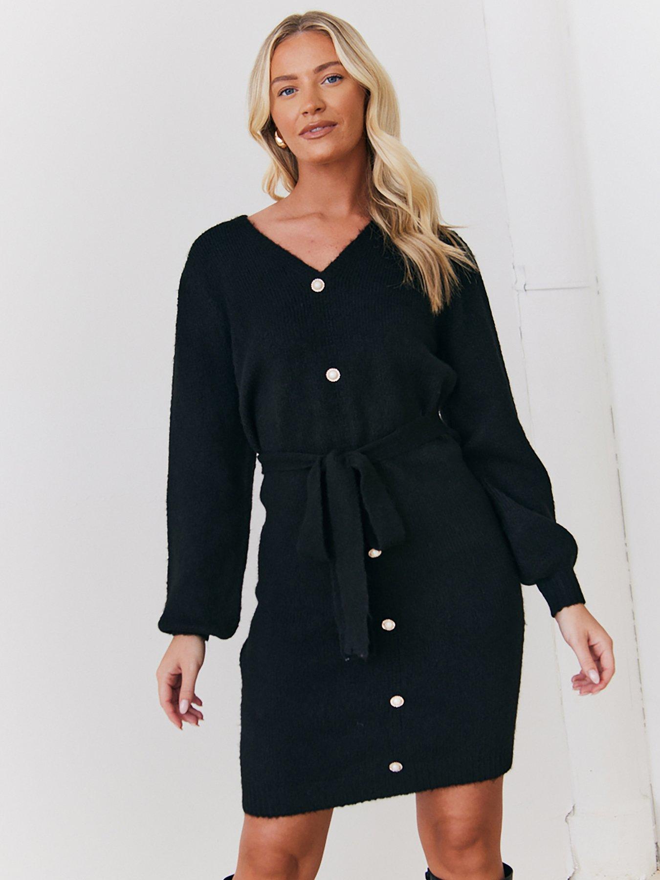 In The Style Stacey Solomon Pearl Button Detail Knit Mini Dress - Black ...