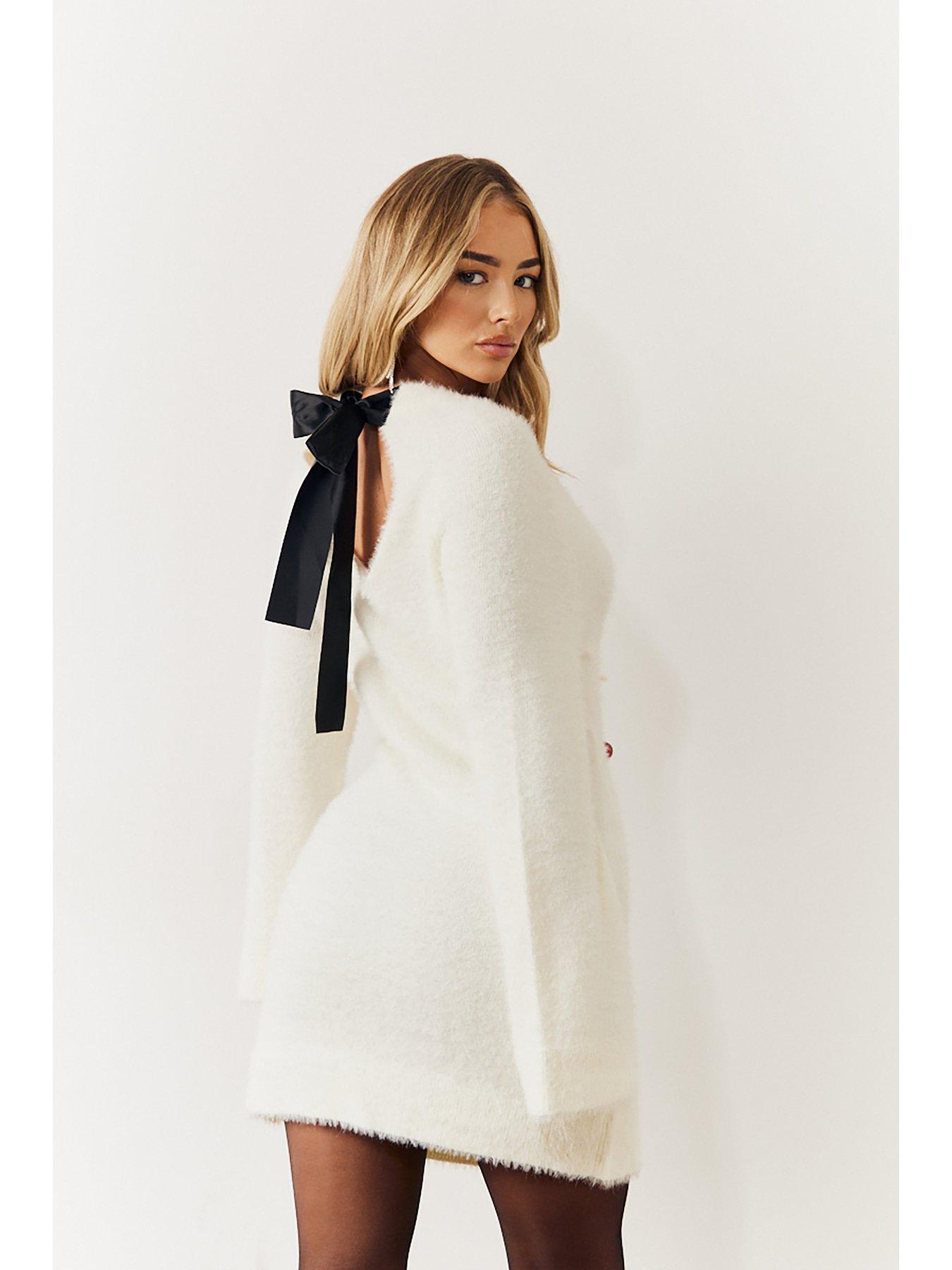 In The Style Perrie Sian Fluffy Tie Bow Back Detail Mini Dress - Cream ...
