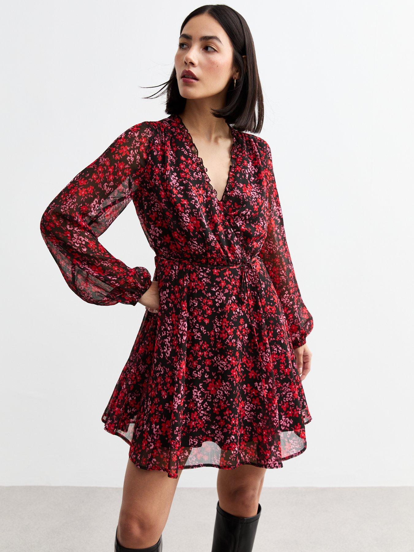 New Look Floral Print Chiffon Mini Wrap Dress - Red | Very