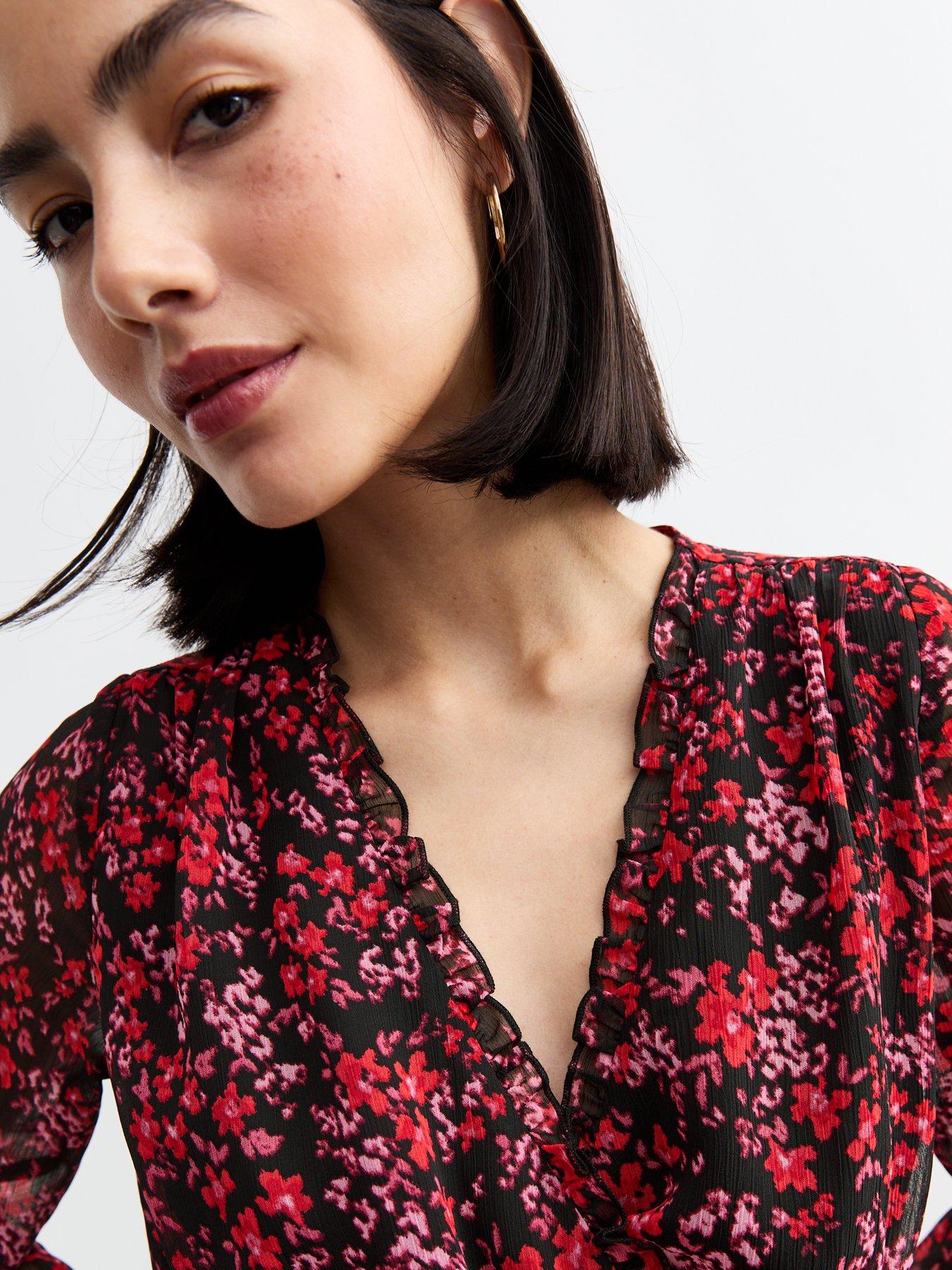 New Look Floral Print Chiffon Mini Wrap Dress - Red | Very