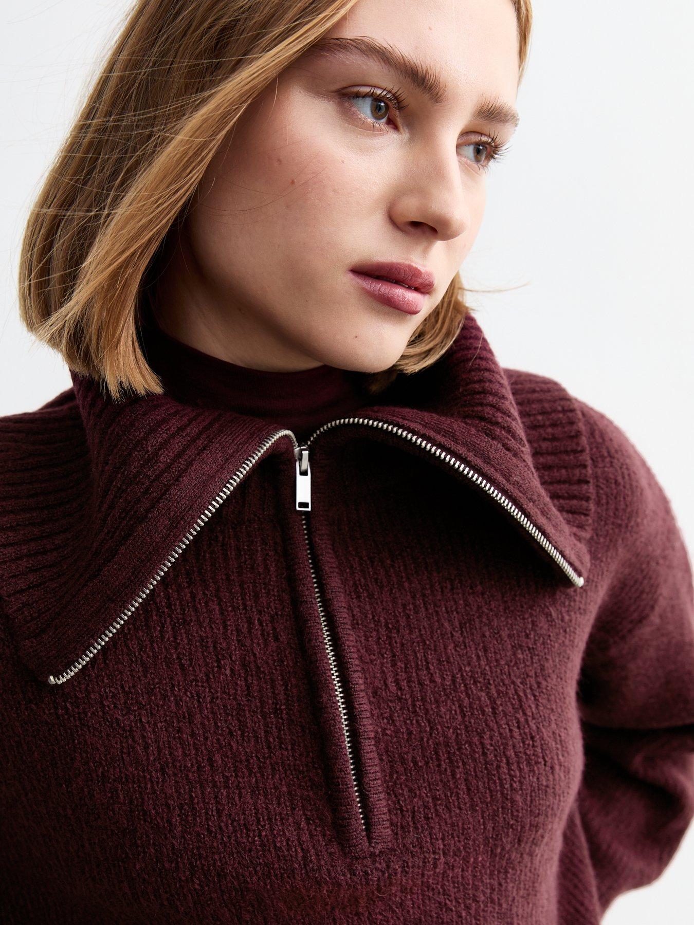 New Look Ribbed Knit Half Zip Jumper - Burgundy | Very