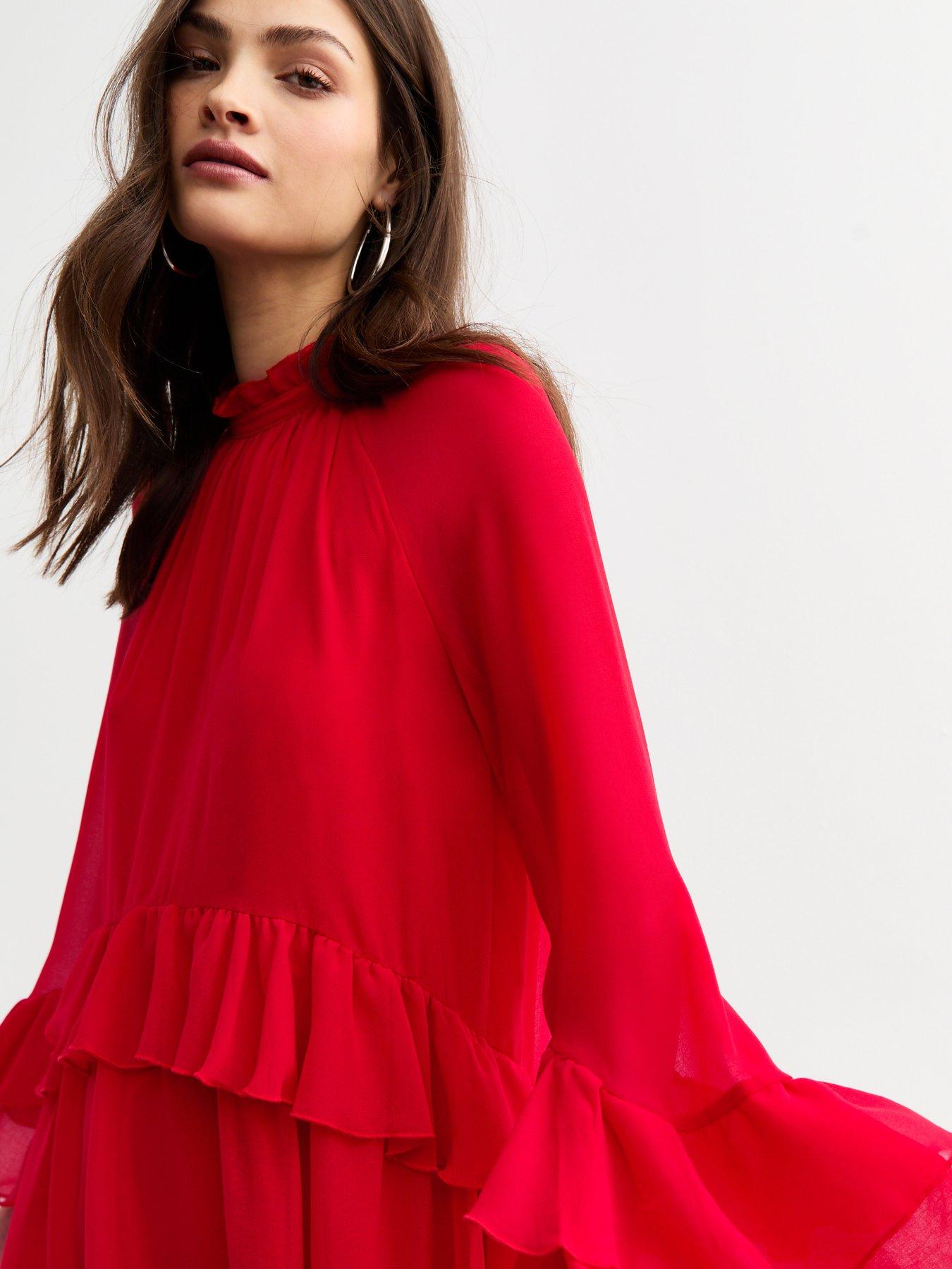 New Look Ruffle High Neck Mini Dress - Red | Very