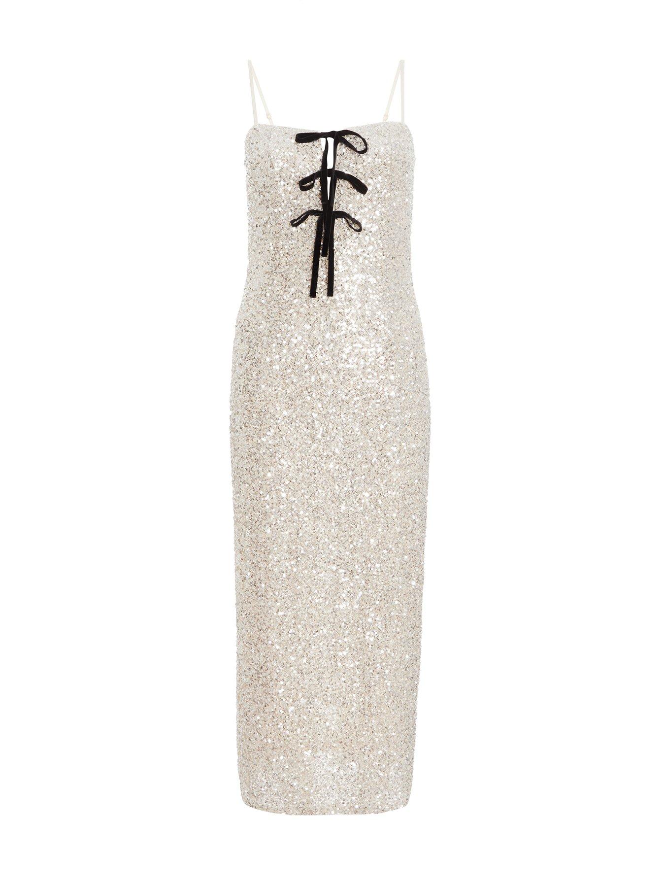Quiz Silver Sequin Bow Front Midaxi Dress | Very