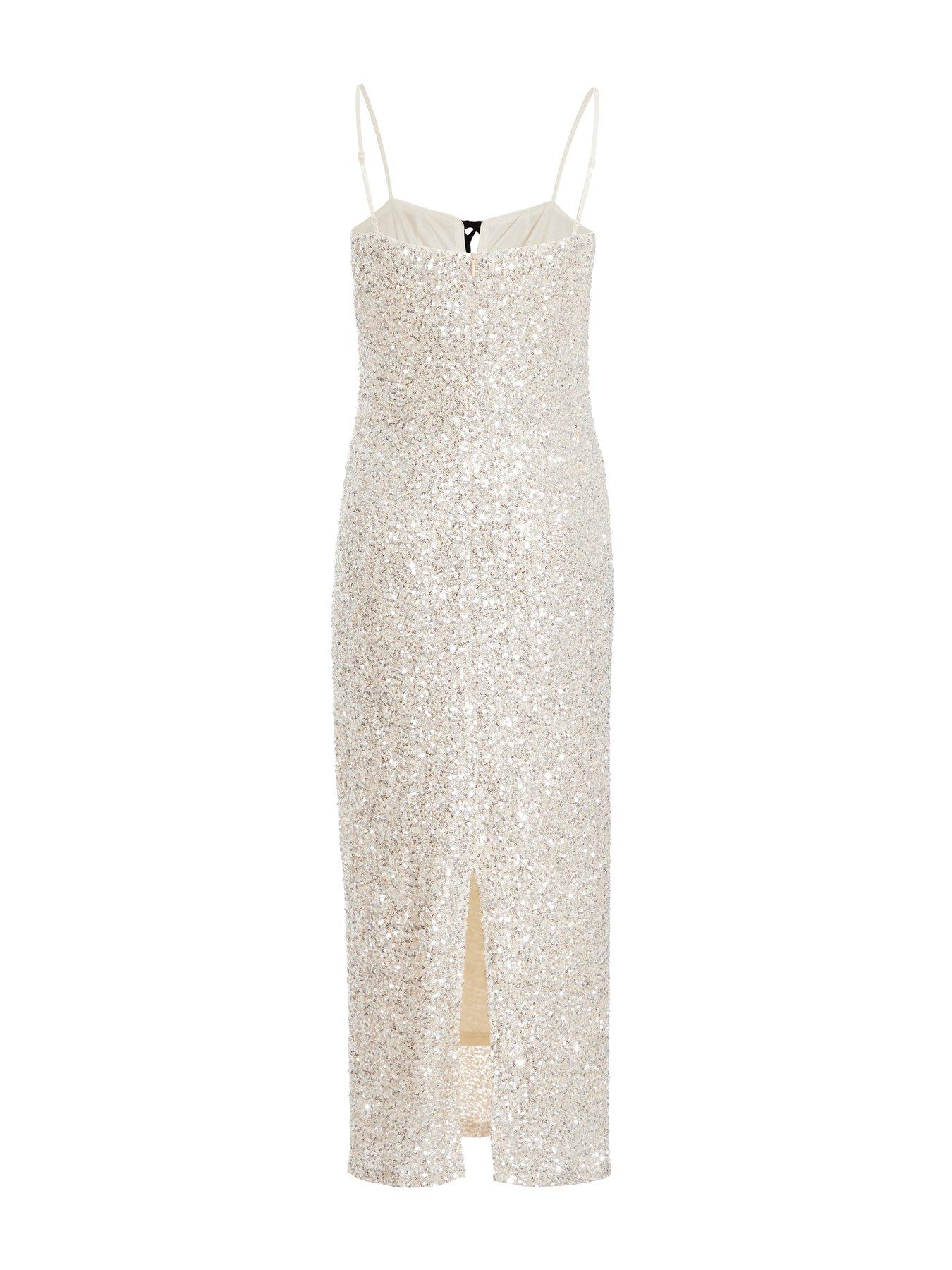 Quiz Silver Sequin Bow Front Midaxi Dress | Very