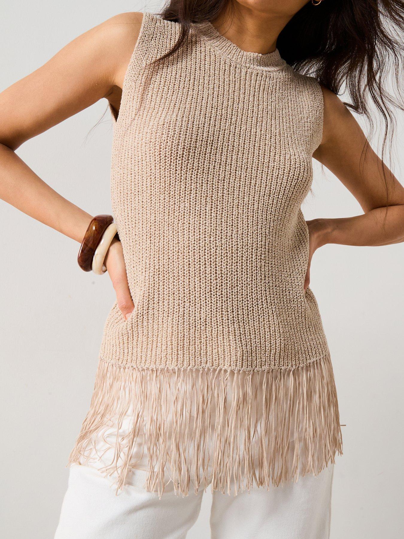 V by Very Cotton Rich Knitted Fringe Jumper - Neutral | Very