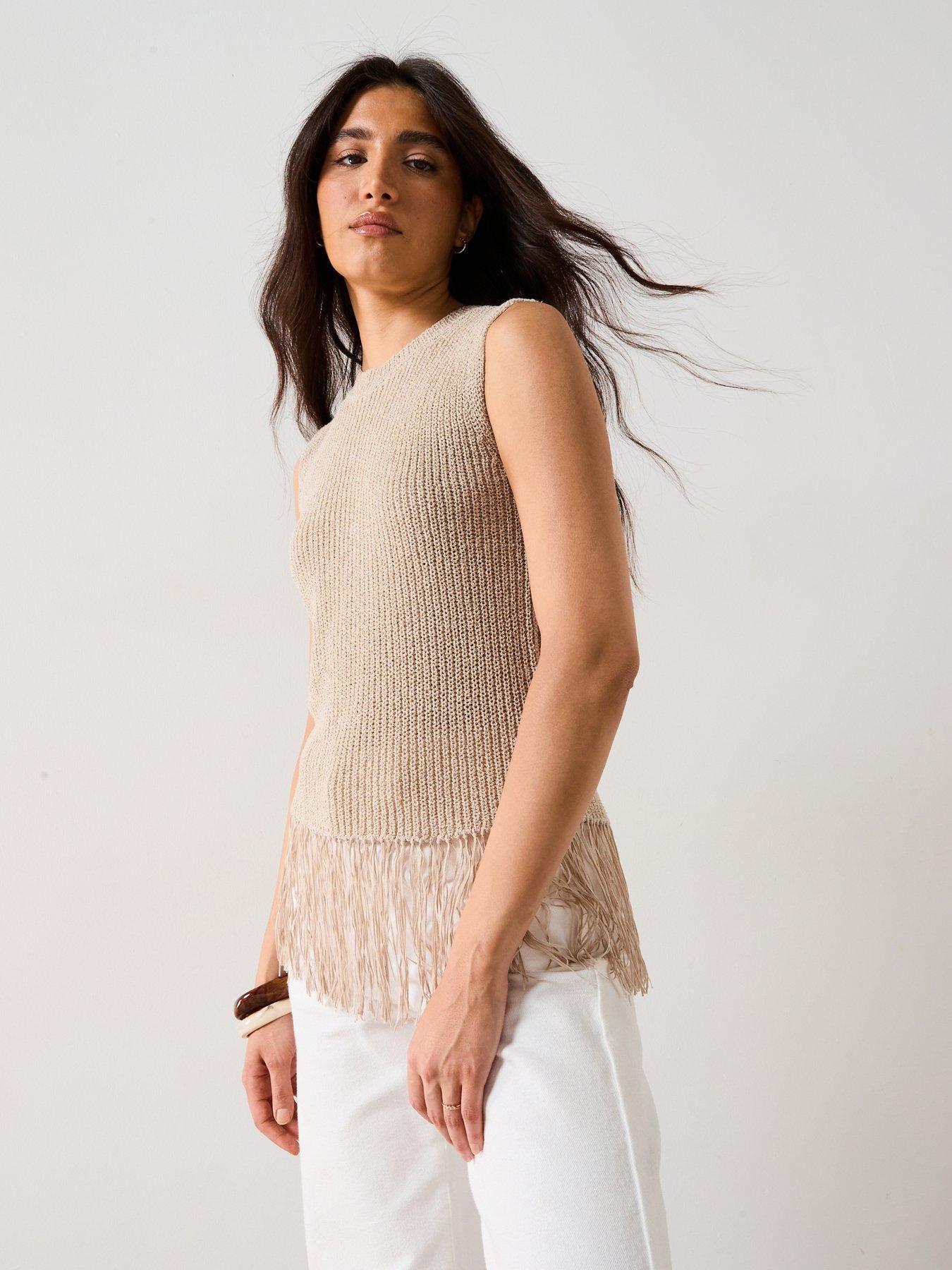 V by Very Cotton Rich Knitted Fringe Jumper - Neutral | Very
