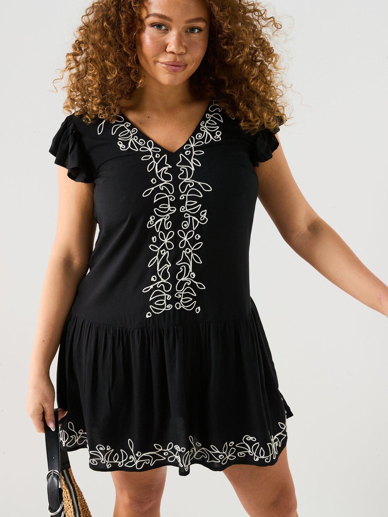 V by Very Curve Embroidered Dropped Waist Mini Dress - Black | Very