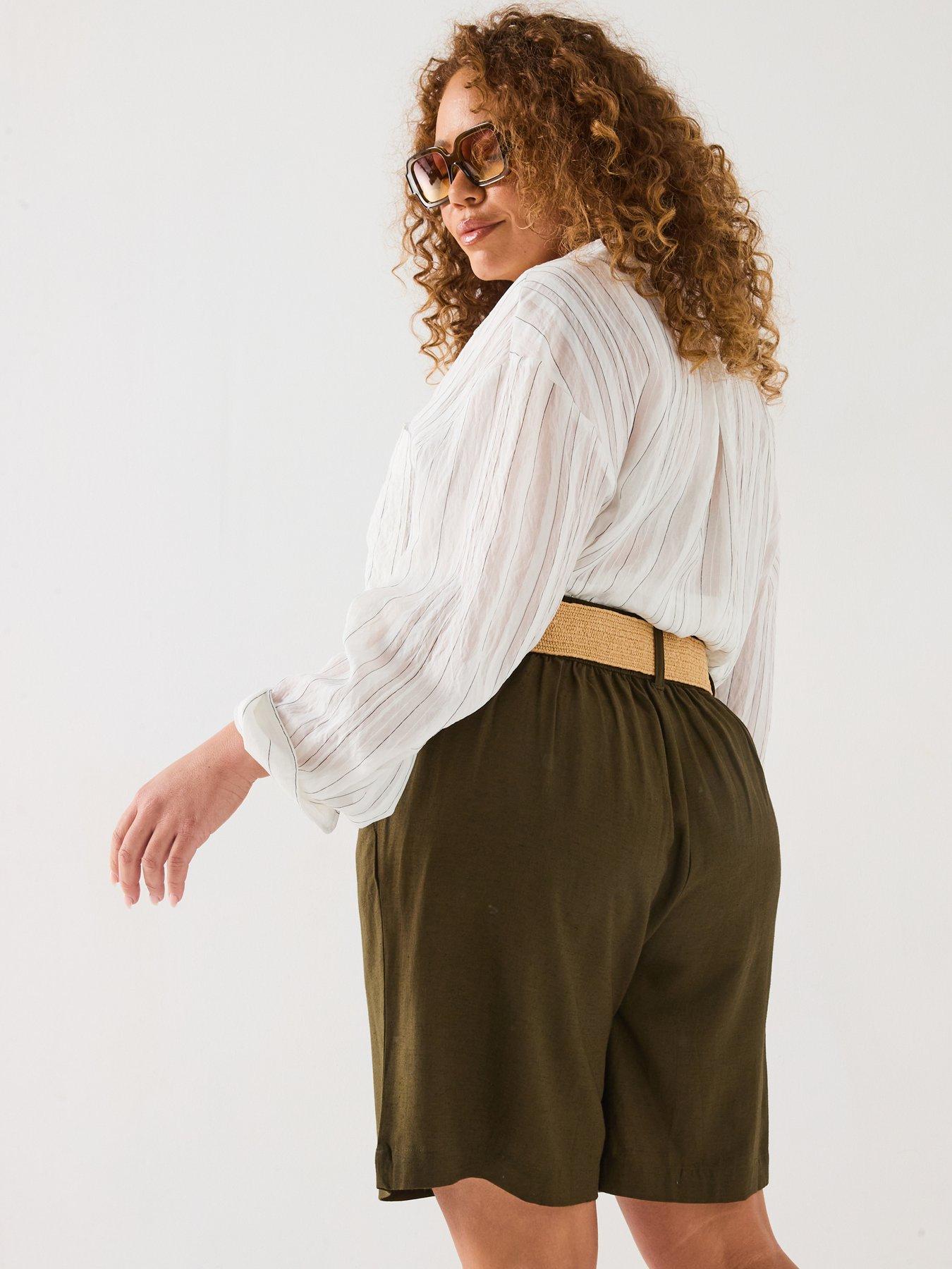 V by Very Curve Belted Linen Shorts - Khaki | Very