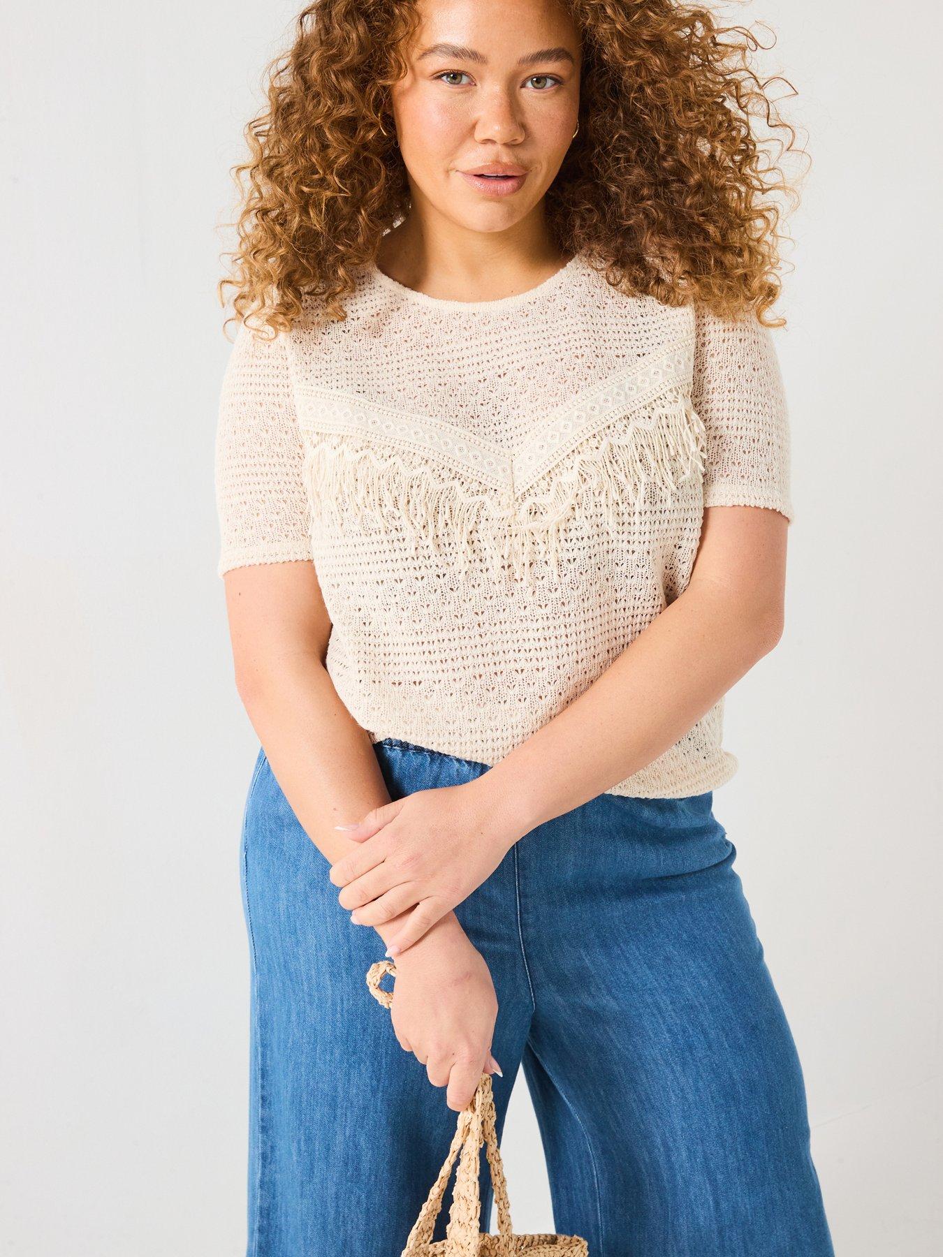 V by Very Curve Fringe Detail Crochet Short Sleeve Top - Cream | Very