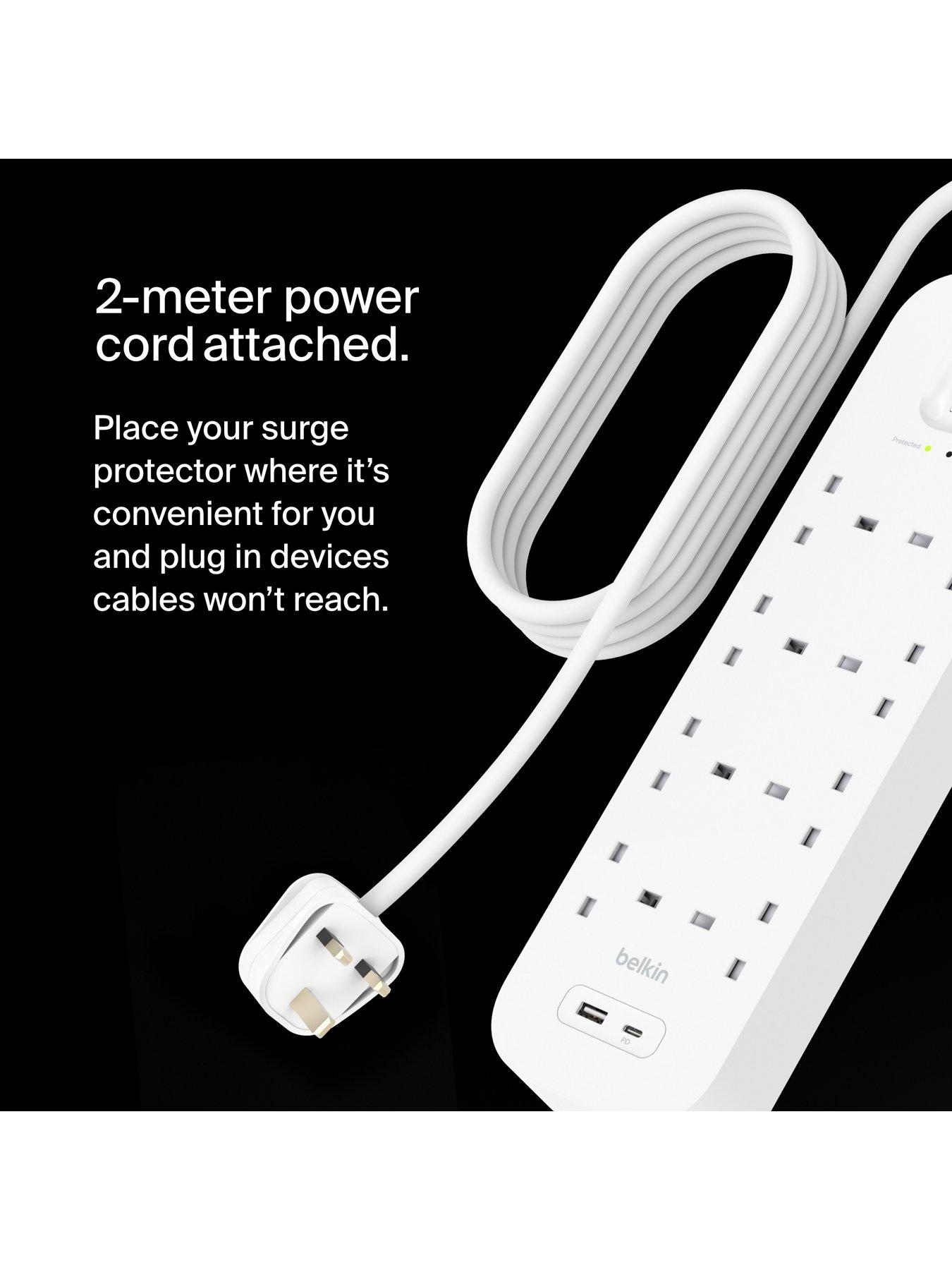 Belkin 8 Socket 2m USB A & C Surge Protected Extension Lead | Very