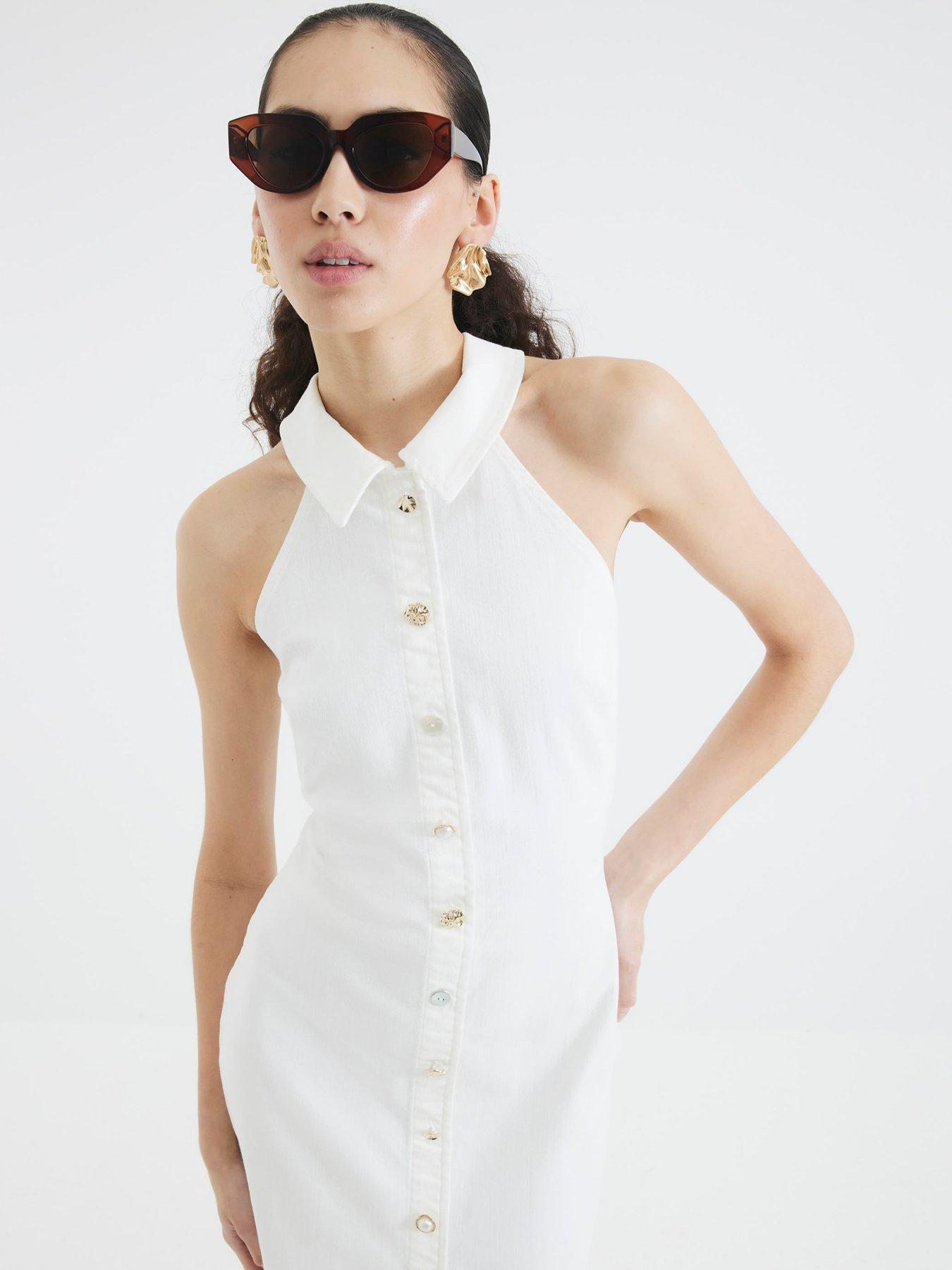 River Island Denim Fitted Shell Button Midi Dress - White | Very