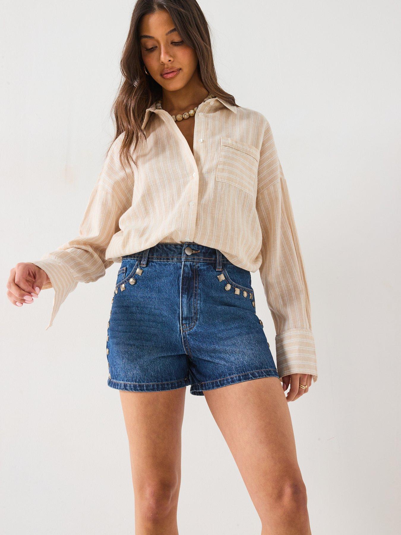 V by Very Denim Shorts With Stud Trim - Mid Wash | Very