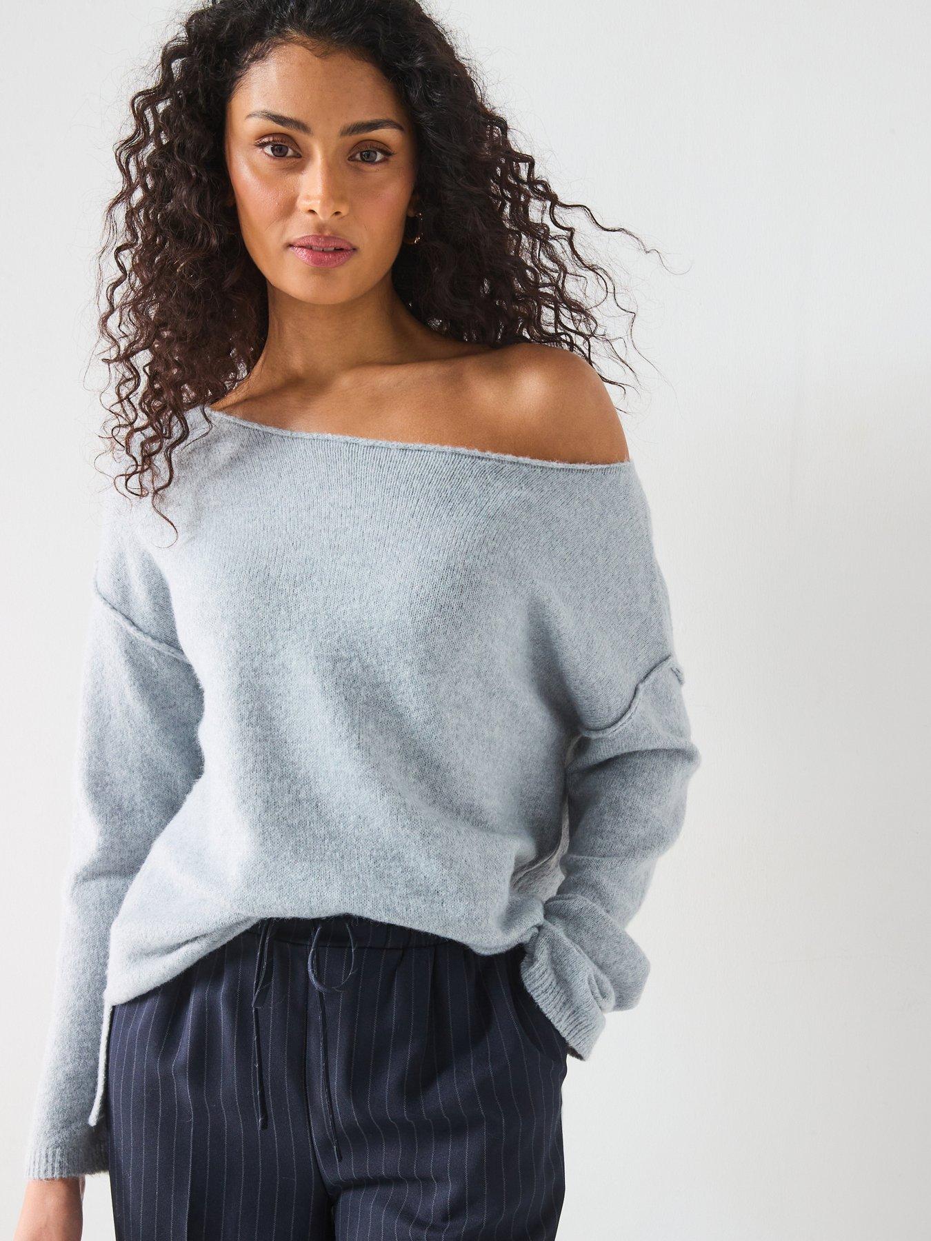V by Very Off The Shoulder Oversized Jumper - Grey | Very