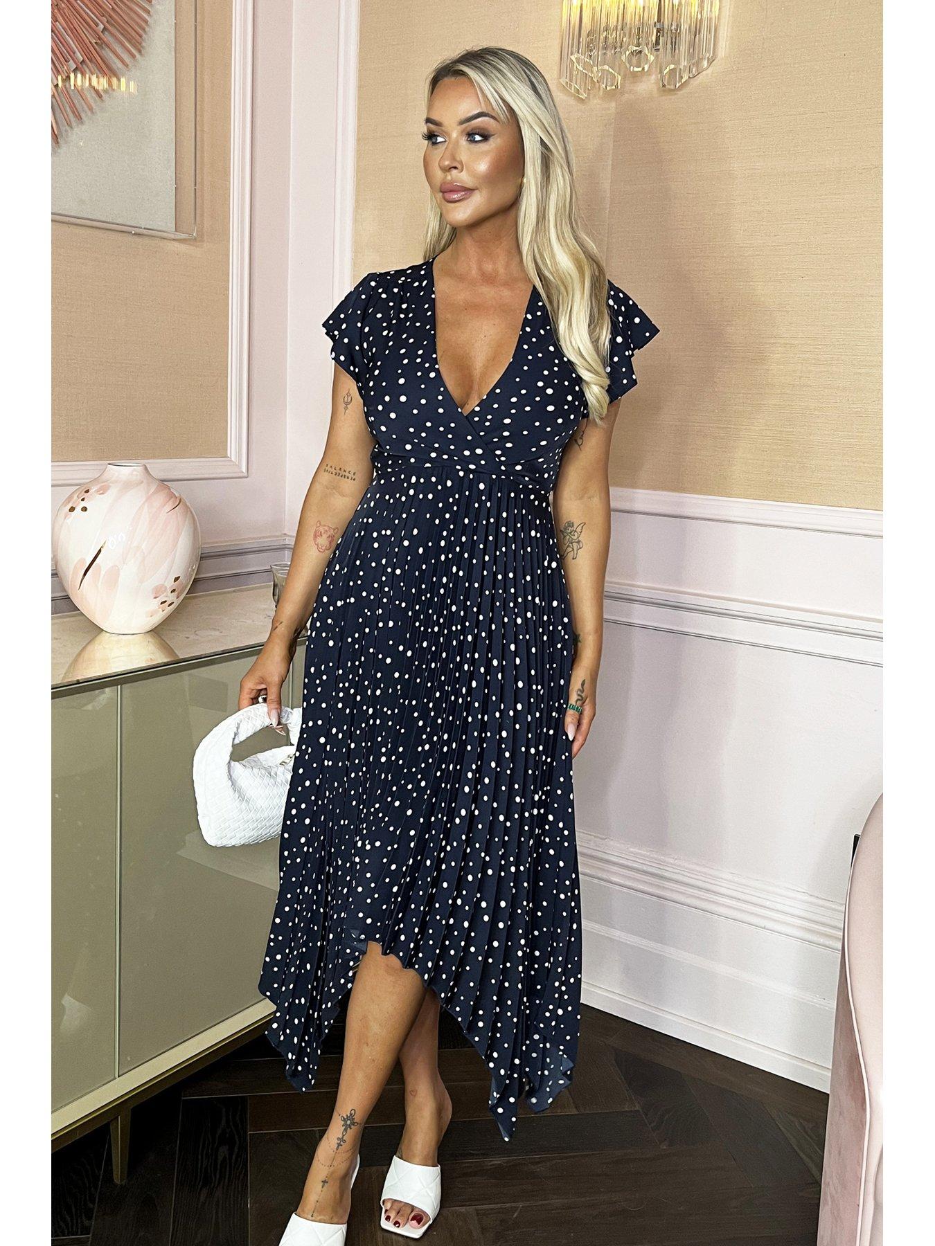 AX Paris Polka Dot Print Wrap Top Zig Zag Hem Pleated Midi Dress - Navy ...
