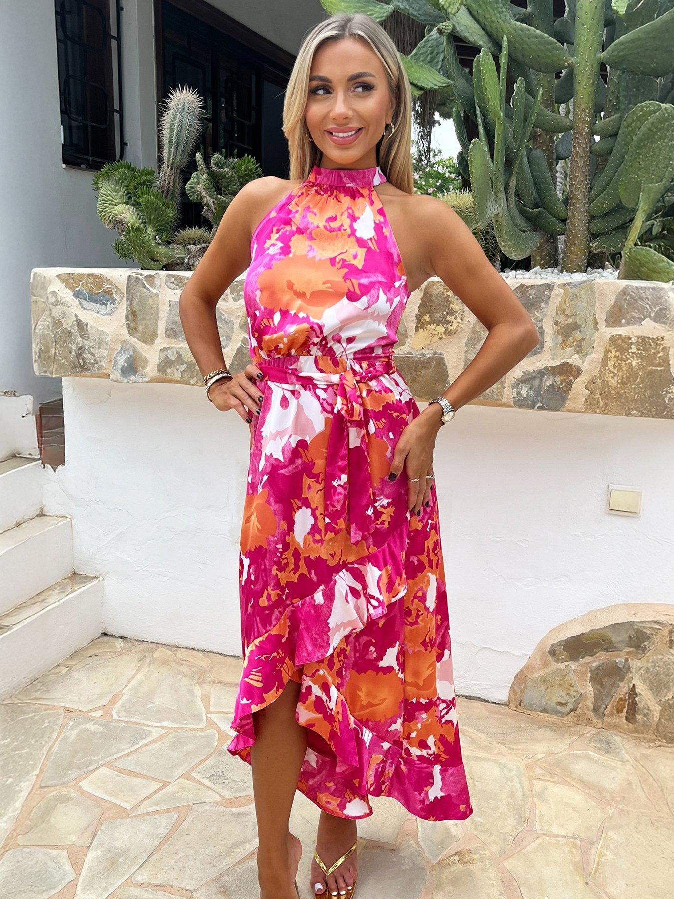 AX Paris Abstract Printed Halter Neck Dipped Hem Midi Dress - Pink | Very