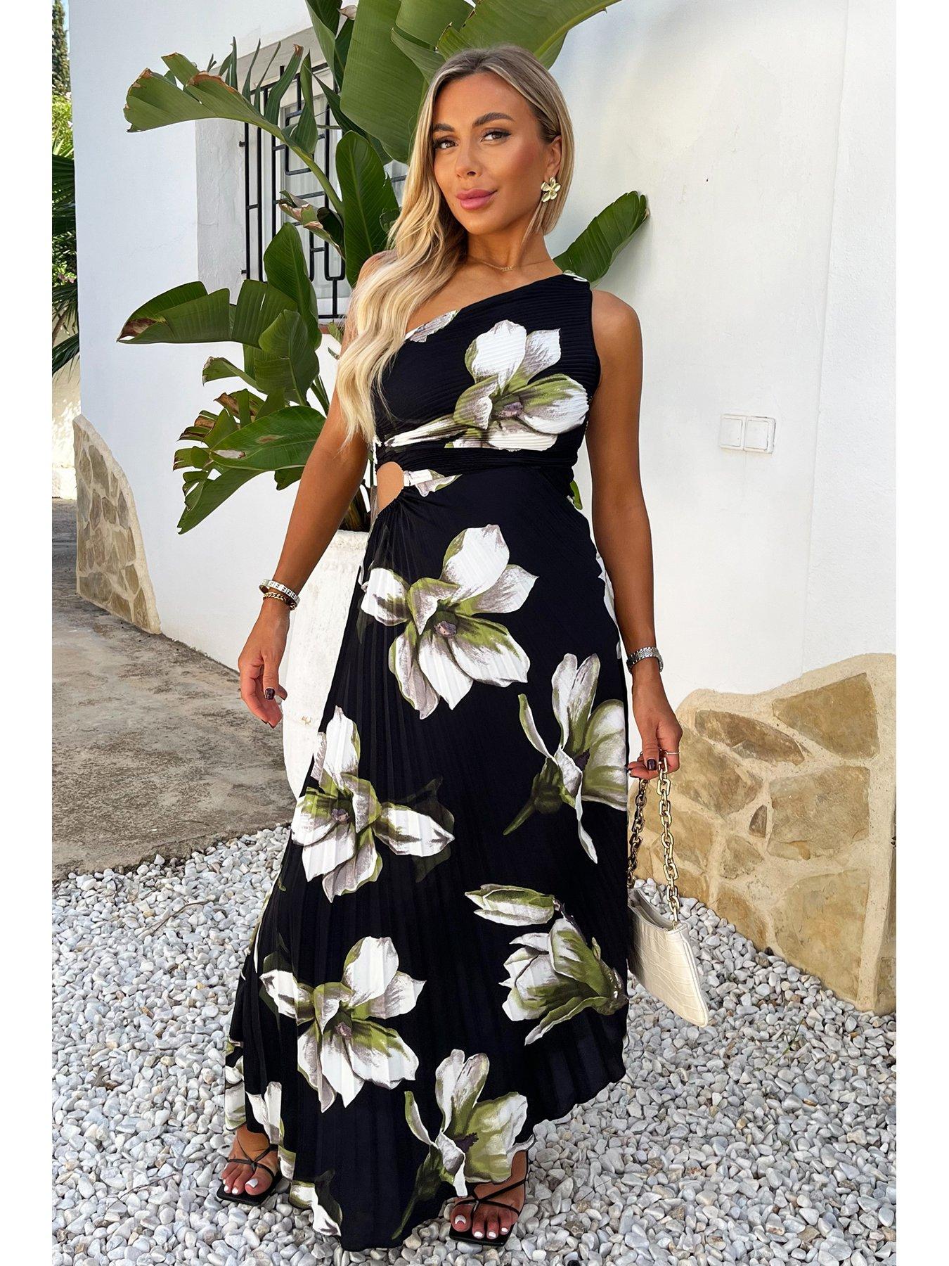 AX Paris One Shoulder Cut Out Pleated Midi Dress - Black Floral | Very