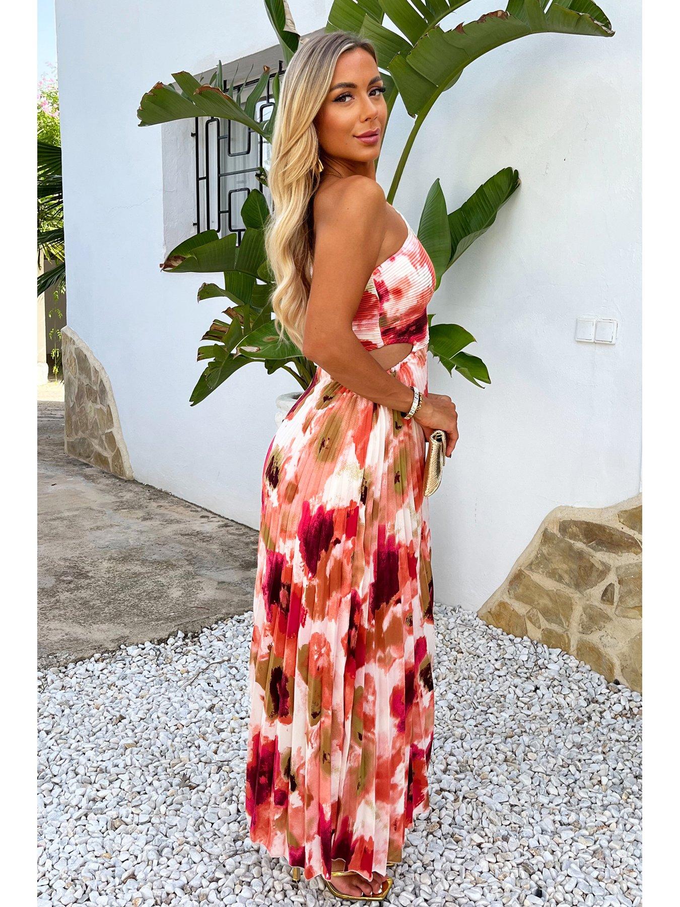 AX Paris Smudge Print One Shoulder Cut Out Pleated Midi Dress - Peach ...
