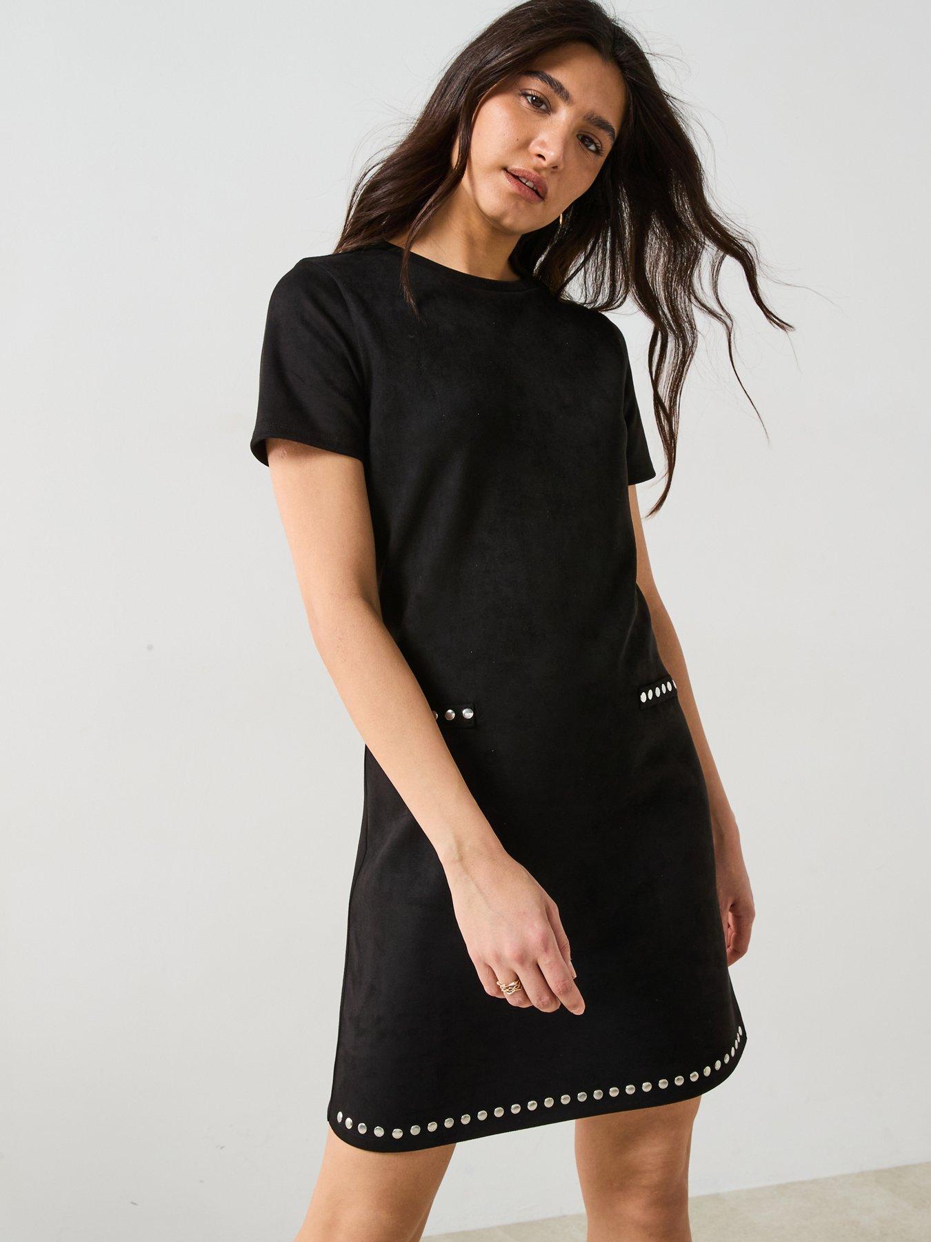 V by Very Stud Detail Suede Look Shift Dress - Black | Very