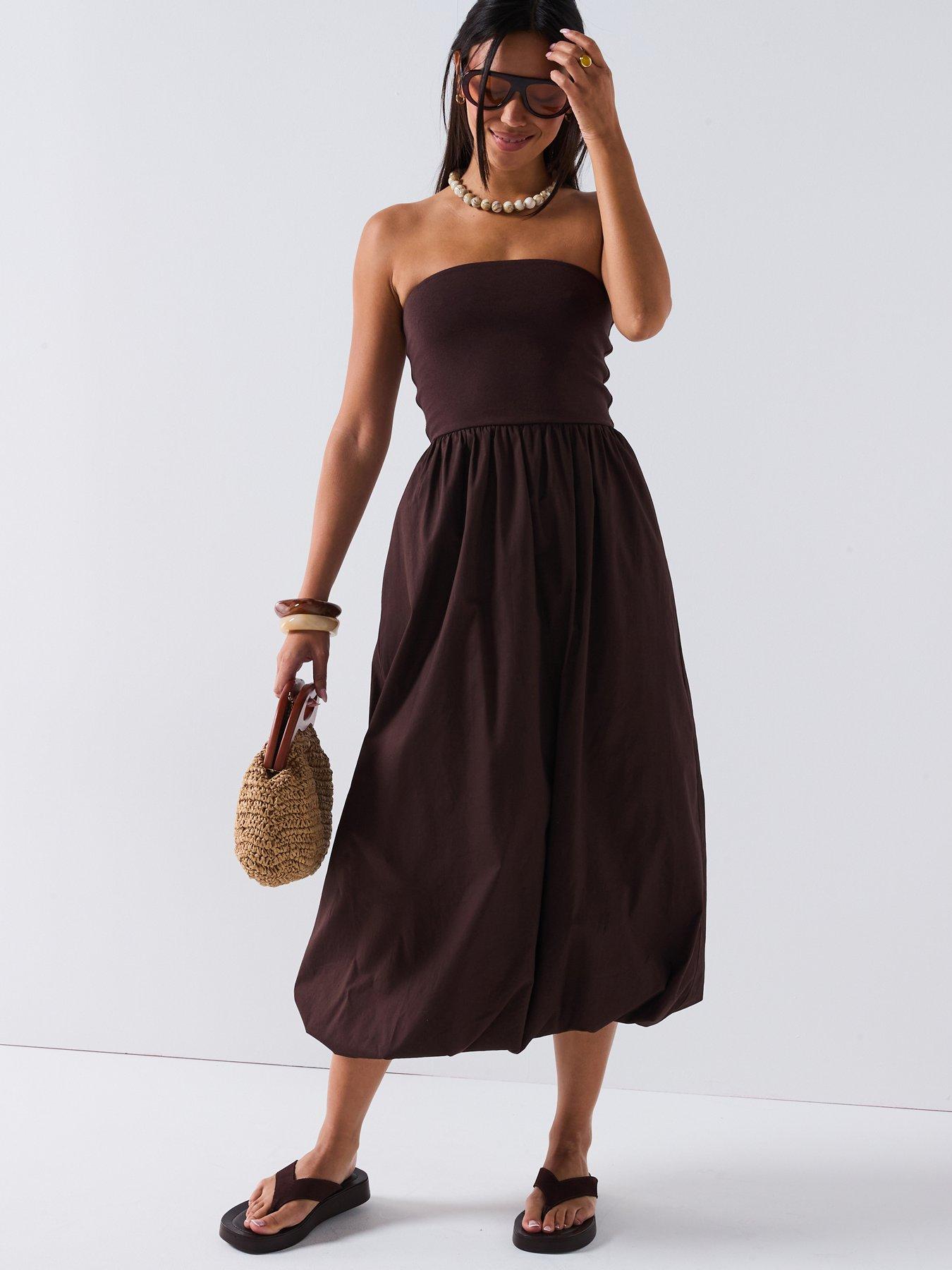 V by Very Puff Ball Midi Dress - Brown | Very