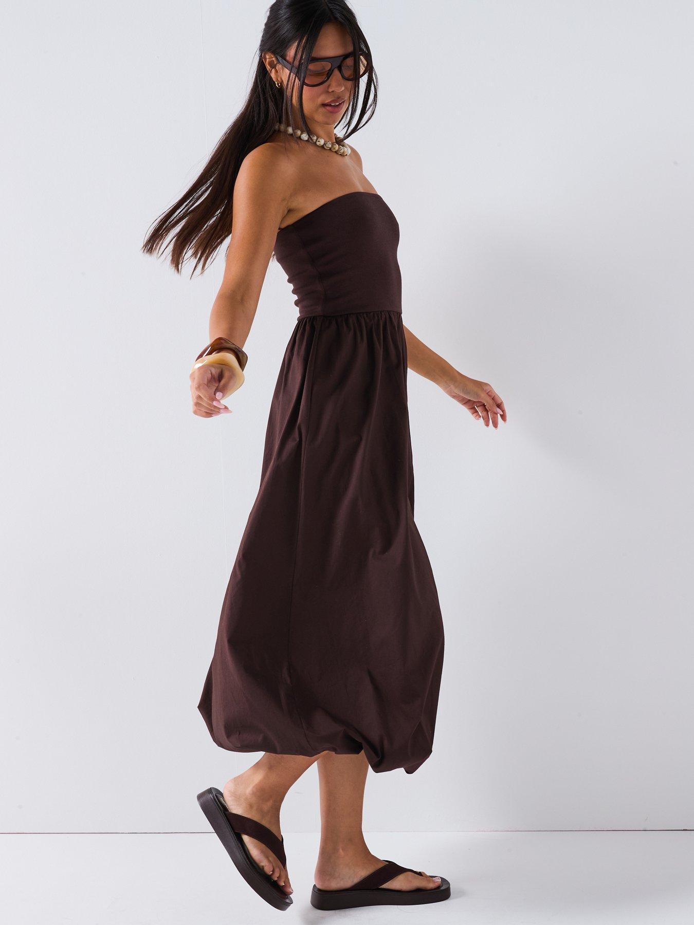 V by Very Puff Ball Midi Dress - Brown | Very