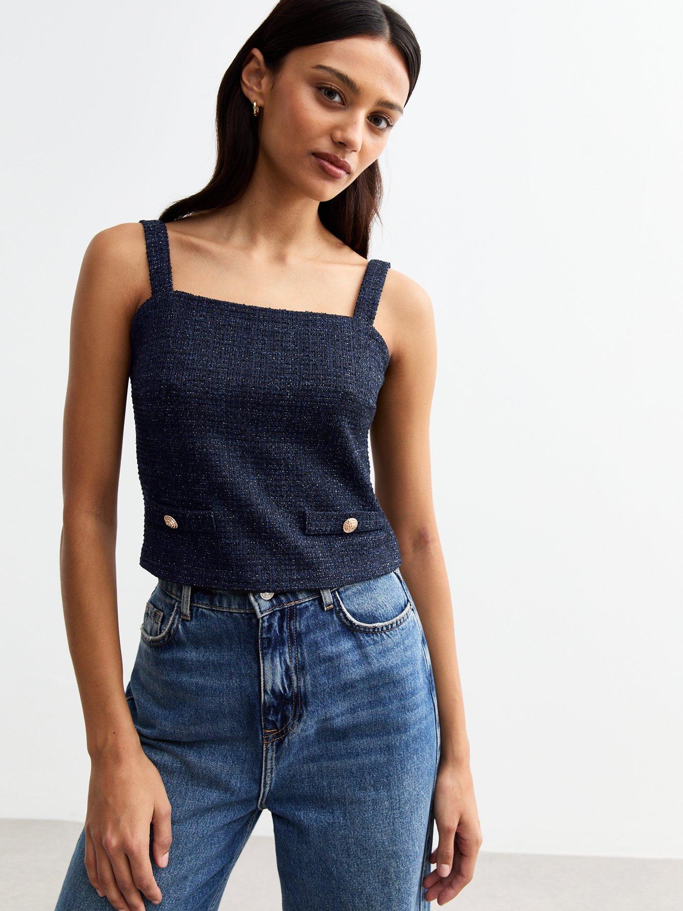 New Look Navy Sparkle Textured Wide Strap Top | Very