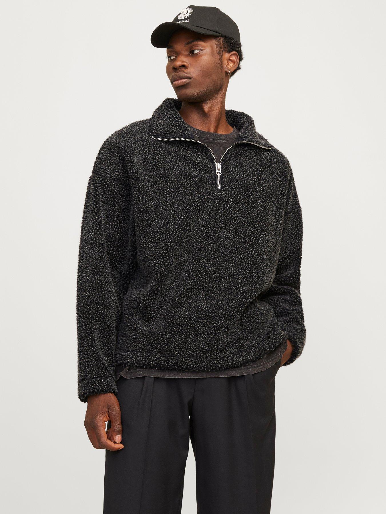 Jack & Jones Oxbury Teddy High Neck Half Zip Sweatshirt - Black | Very