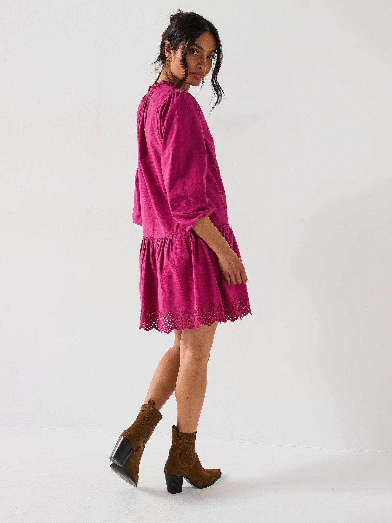 V by Very Tie Neck Broderie Mini Dress - Burgundy Red | Very