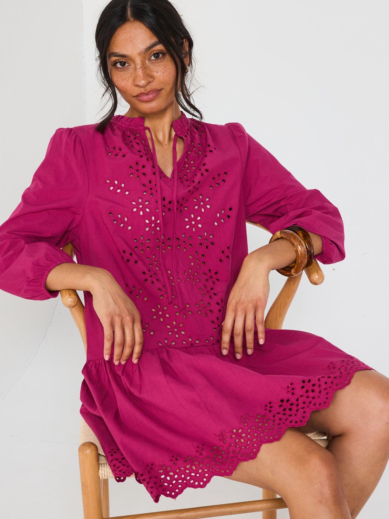 V by Very Tie Neck Broderie Mini Dress - Burgundy Red | Very