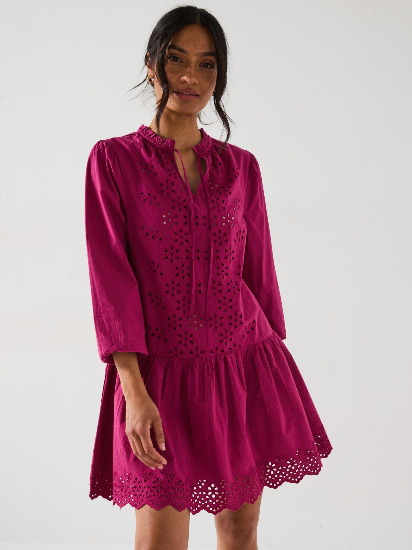 V by Very Tie Neck Broderie Mini Dress - Burgundy Red | Very