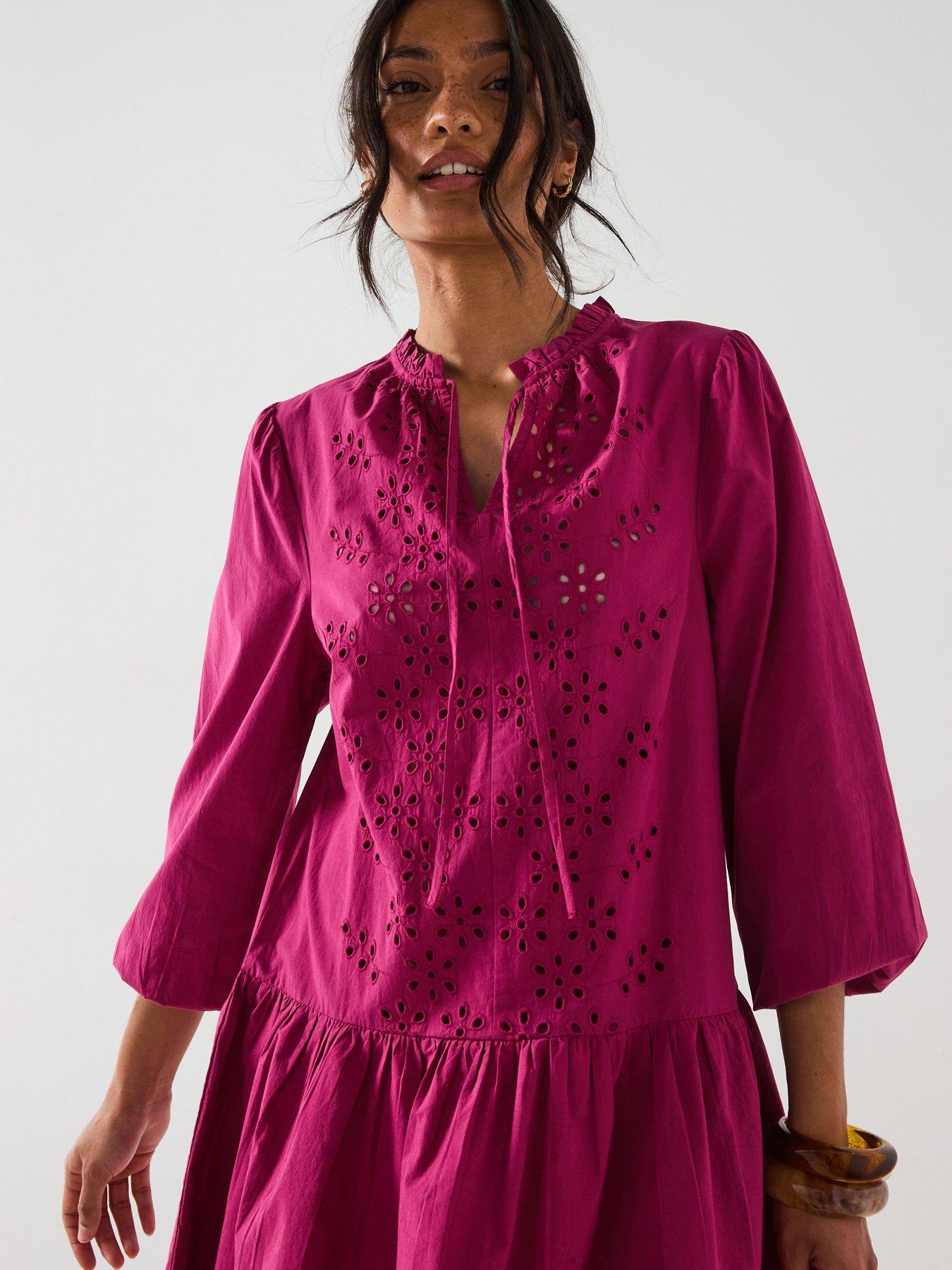 V by Very Tie Neck Broderie Mini Dress - Burgundy Red | Very