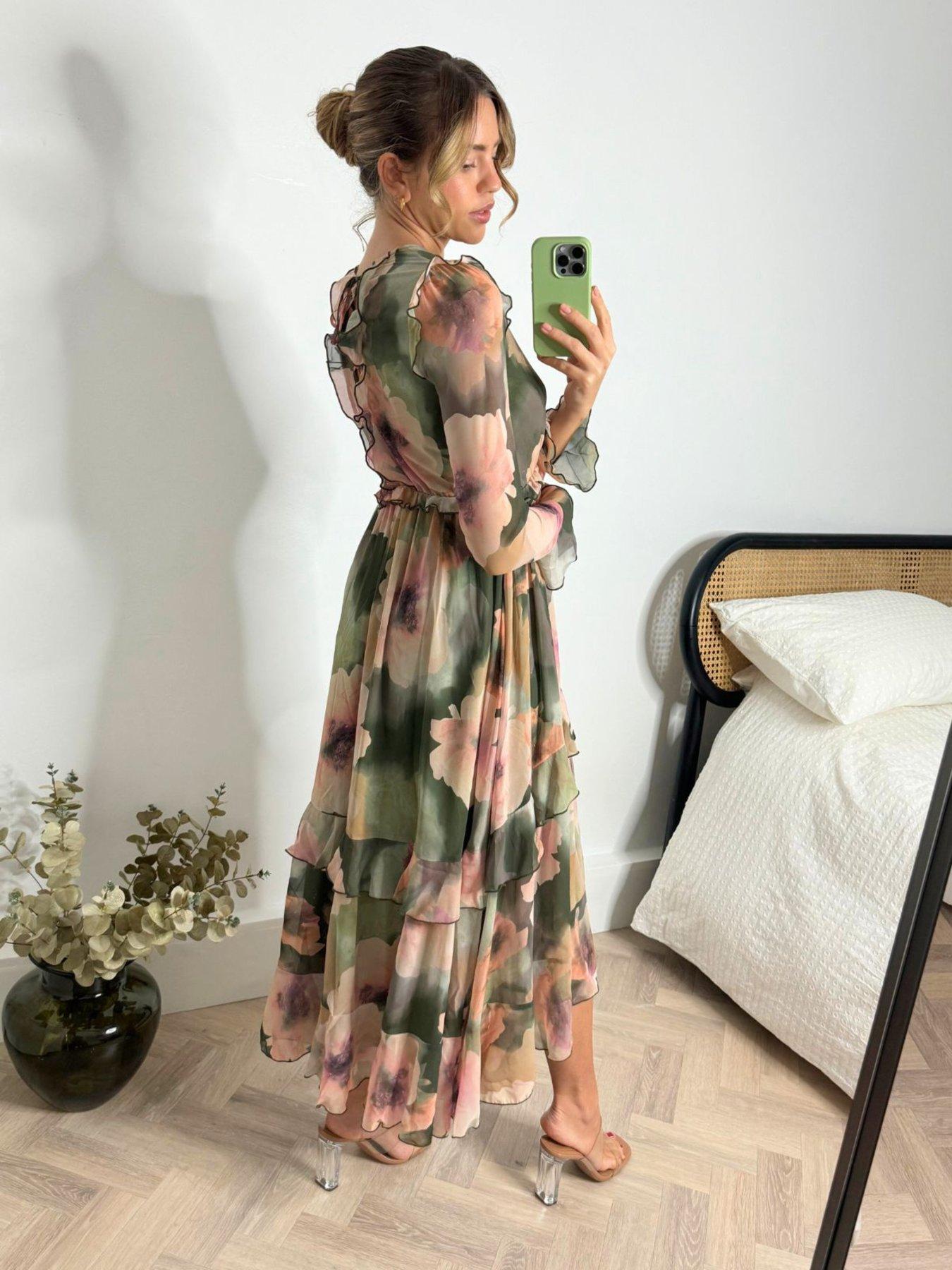 Style Cheat Floral Print Ruffle Midi Dress - Green | Very
