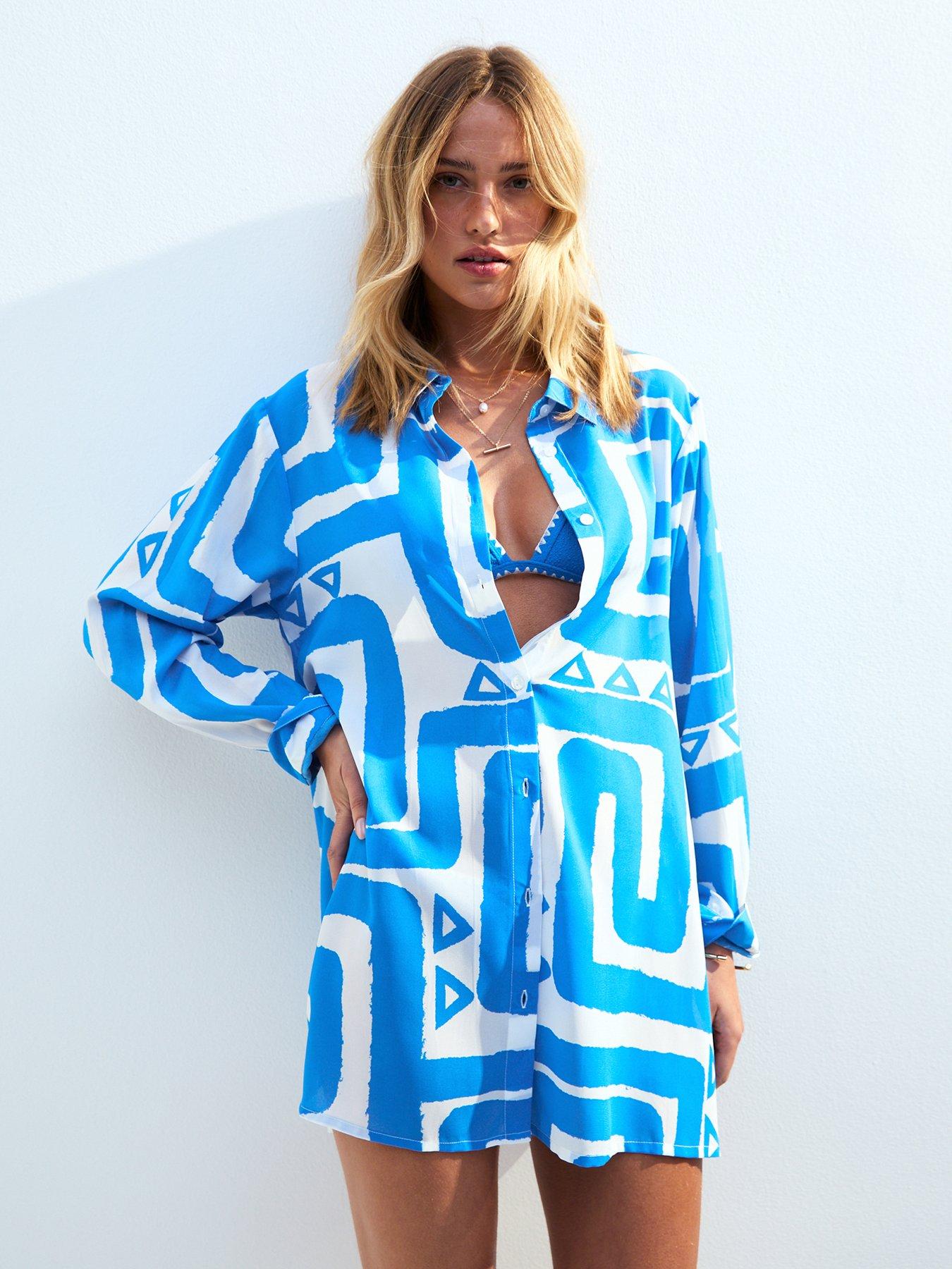 New Look Swirl Patterned Long Beach Shirt - Blue Print | Very