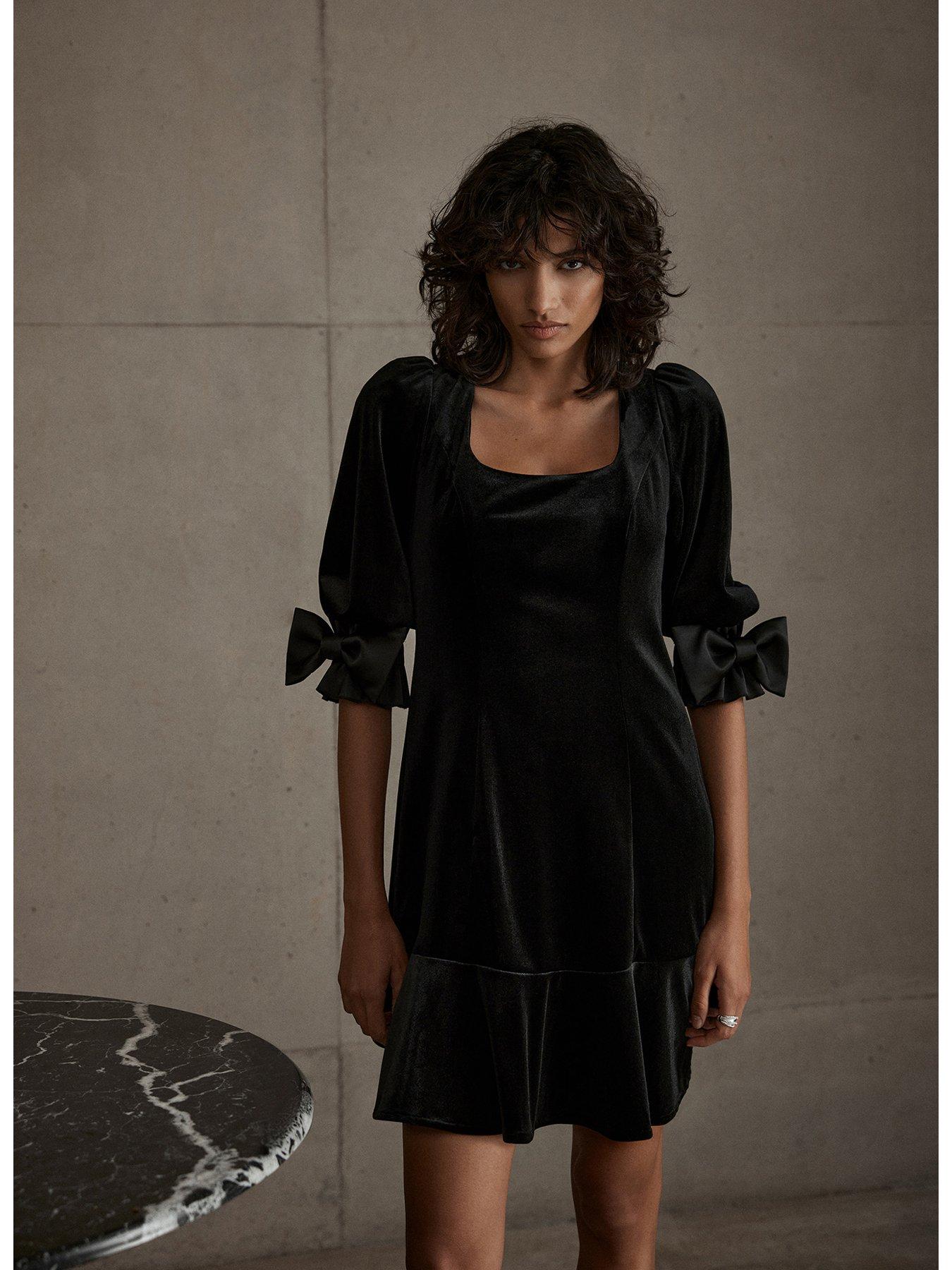 Mint Velvet Bow Detail Velvet Mini Dress - Black | Very