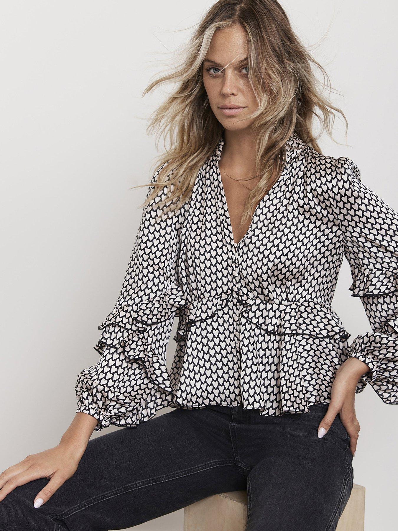 Mint Velvet Black Heart Print Ruffle Top - Light Pink | Very