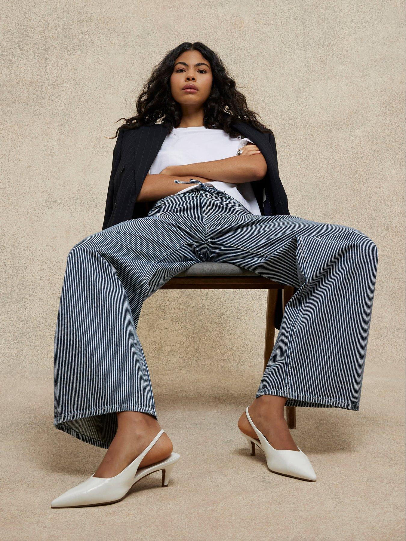 River Island Wide Leg Tie Front Striped Jeans - Light Denim | Very