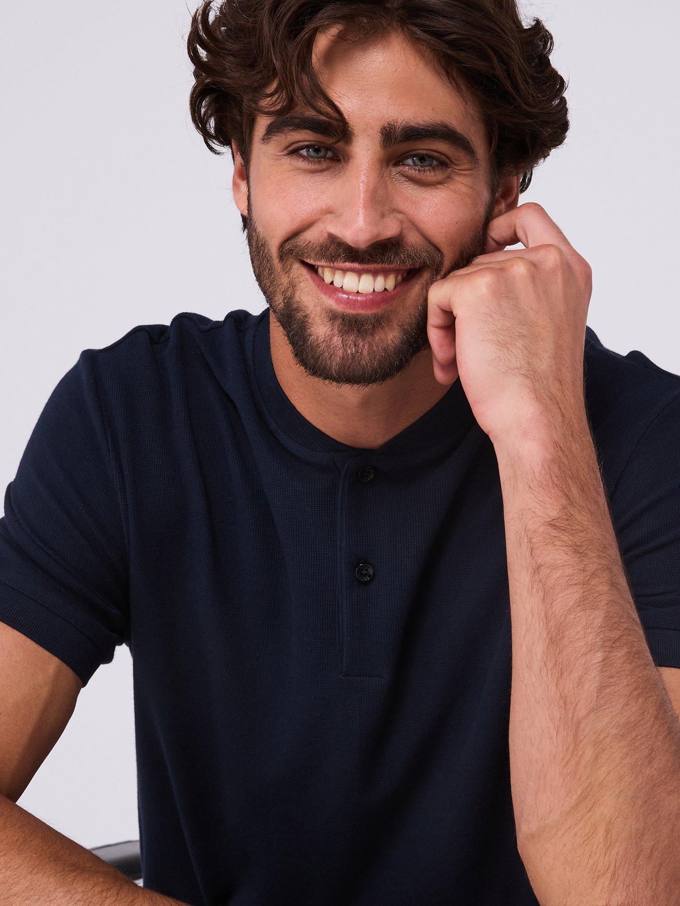BOSS H-Pratt 120 Regular Fit Collarless Polo Shirt - Navy | Very